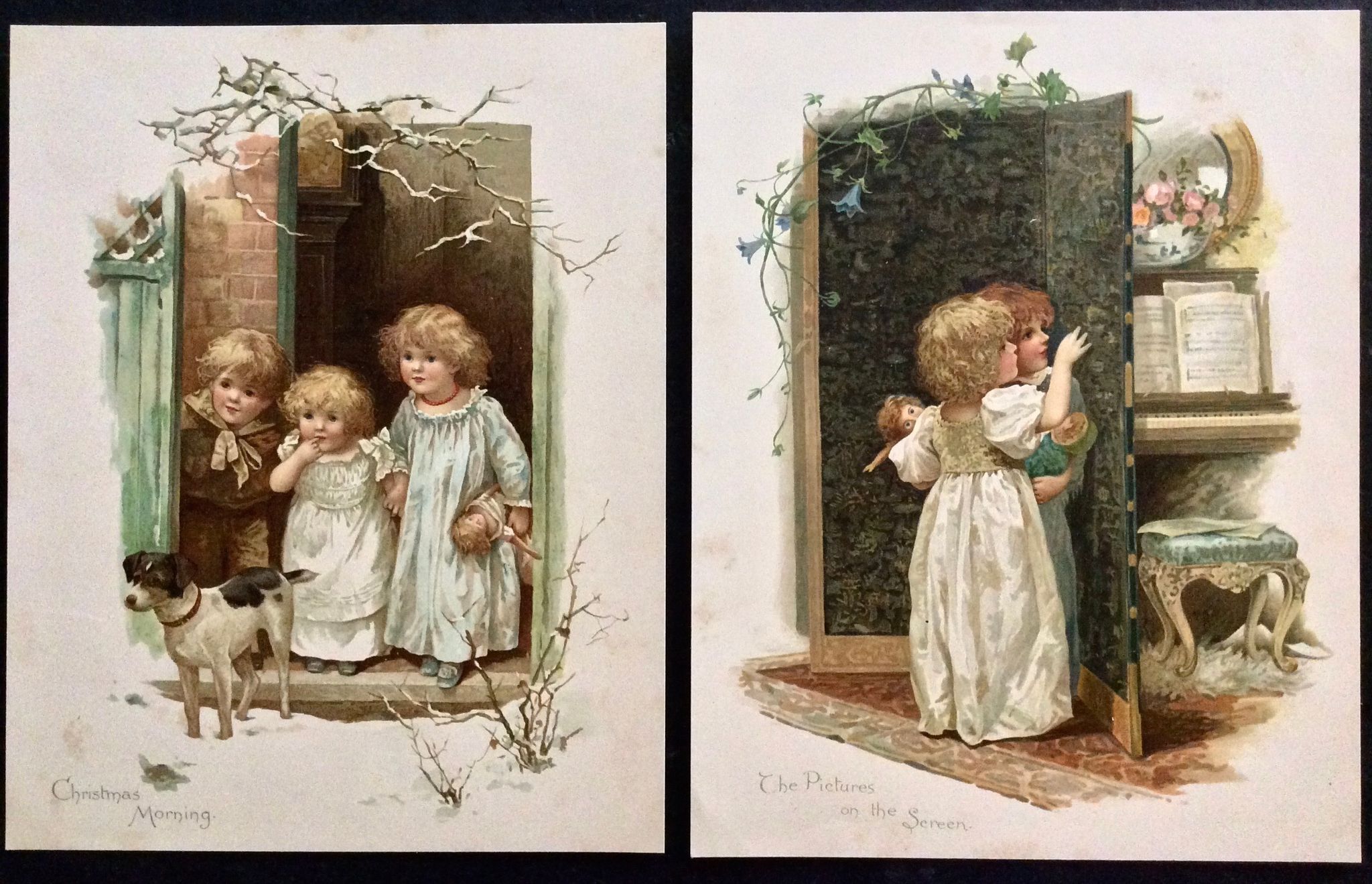CHRISTMAS MORNING & THE PICTURES ON THE SCREEN PAIR OF CHROMOLITHOGRAPH ...