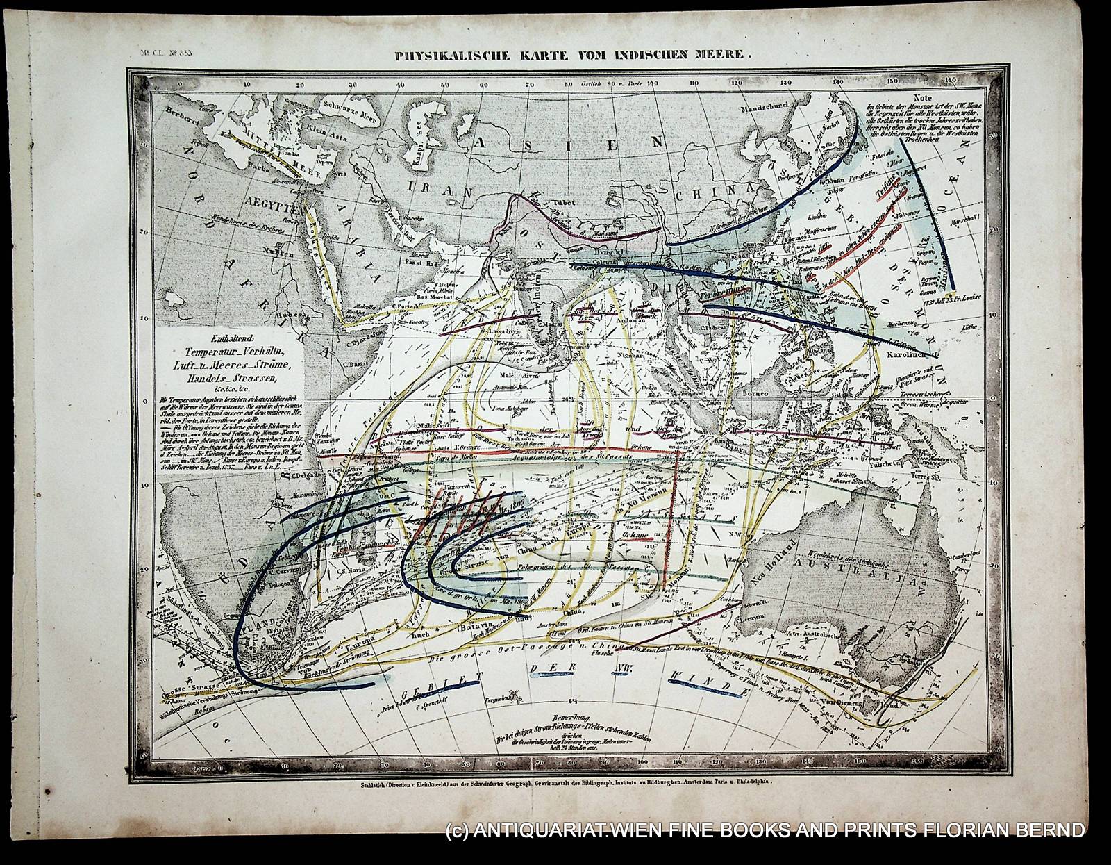 Indian Ocean, map of sea temperatures, trade routes and air currents ...