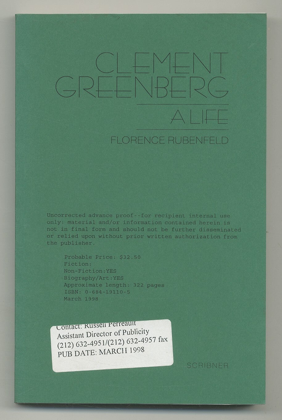 Clement Greenberg: A Life by RUBENFELD, Florence: Near Fine Softcover ...