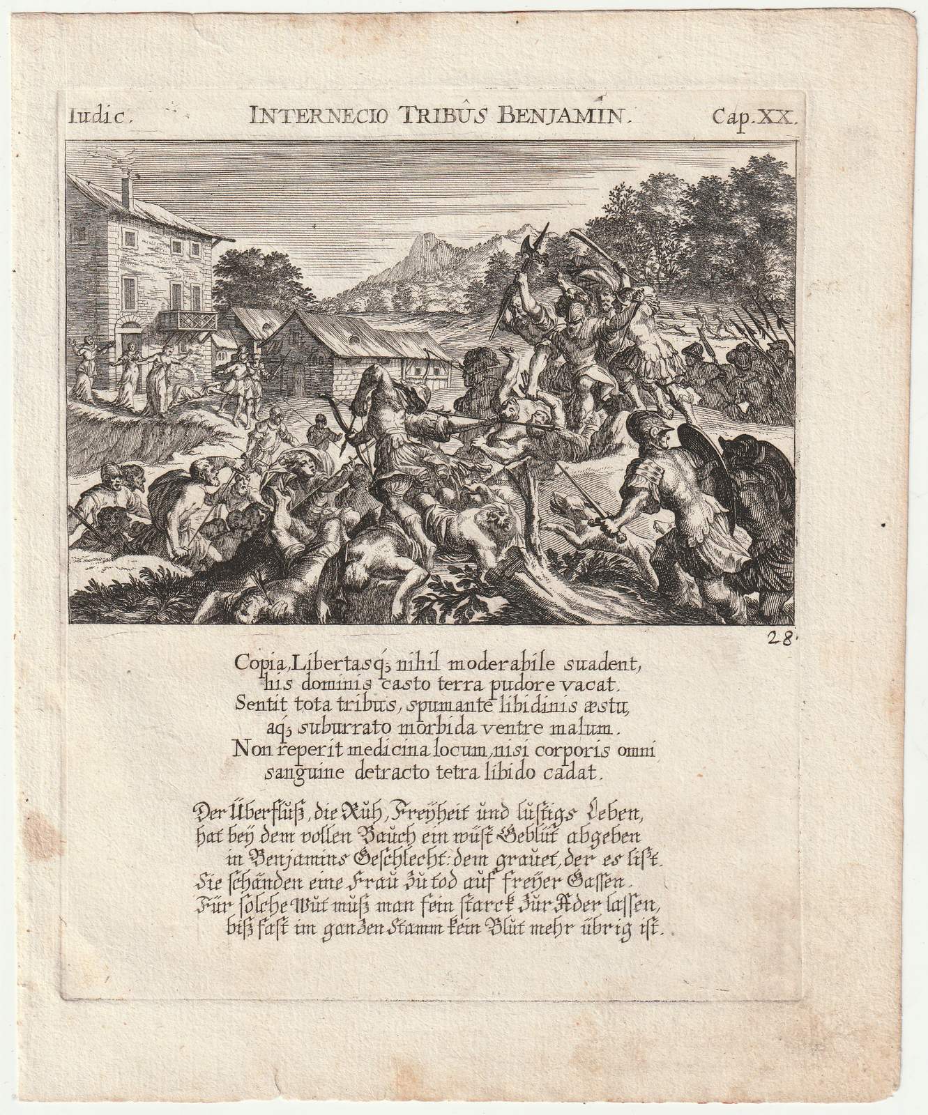 Internecio tribus Benjamin. Original-Kupferstich aus "Icones biblicae ...