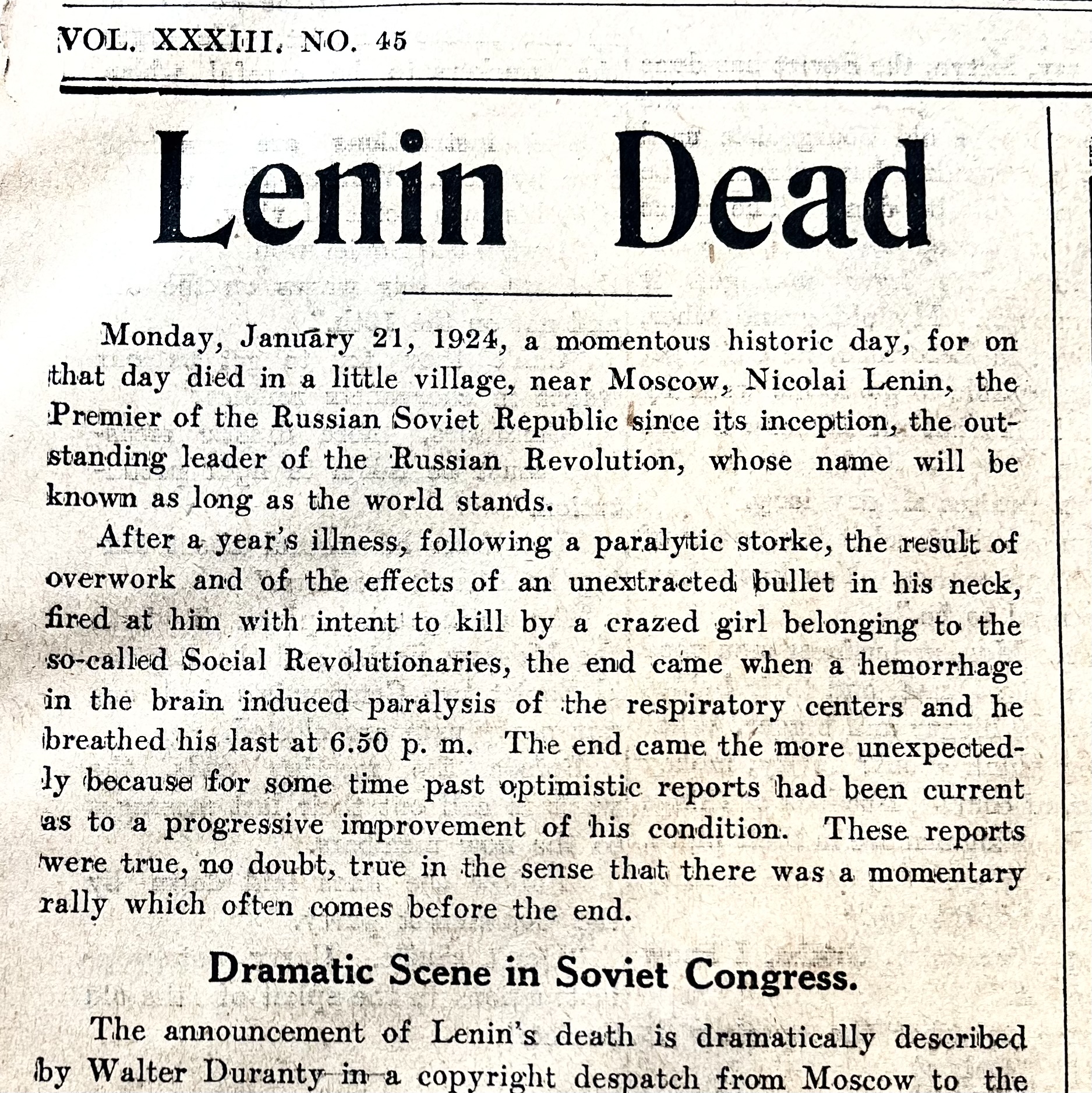 1924 Newspaper Announcing the DEATH of USSR Founder Vladimir Lenin by ...
