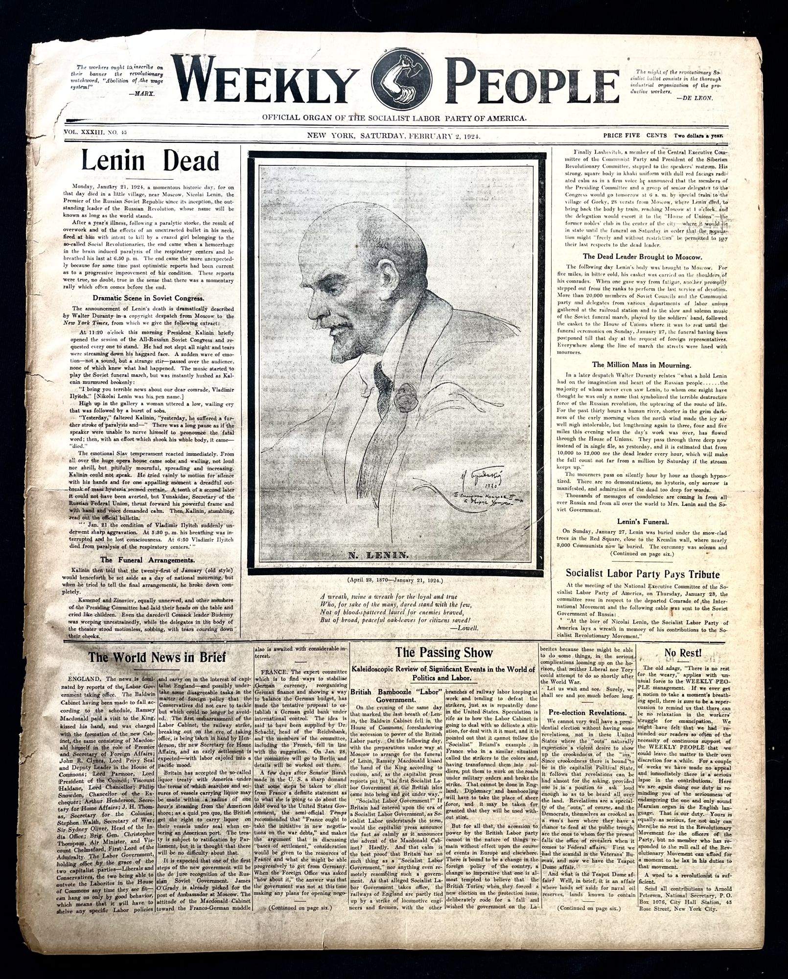 1924 Newspaper Announcing the DEATH of USSR Founder Vladimir Lenin by ...
