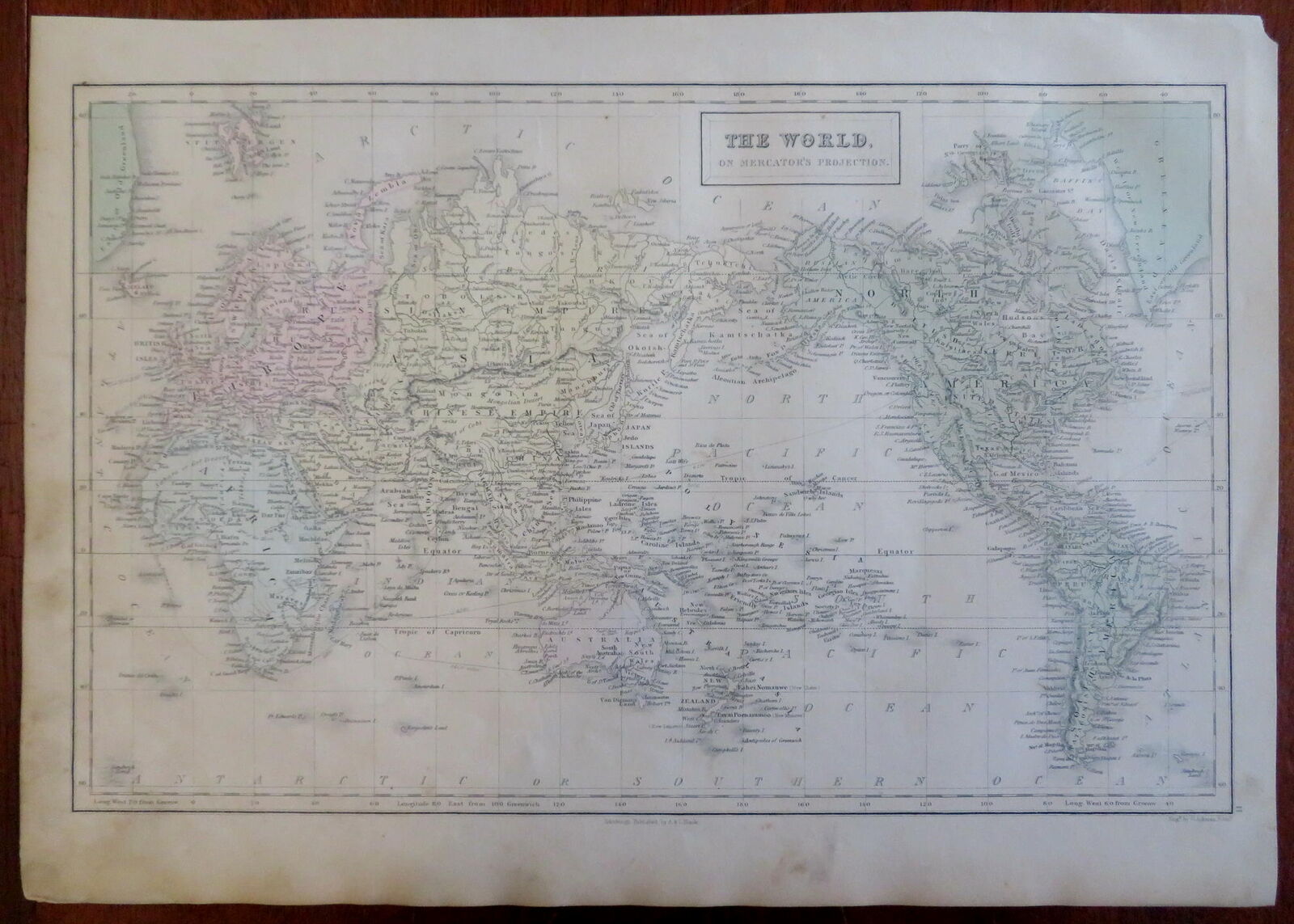 World Map on Mercator's Projection 1853 A. & C. Black engraved map ...