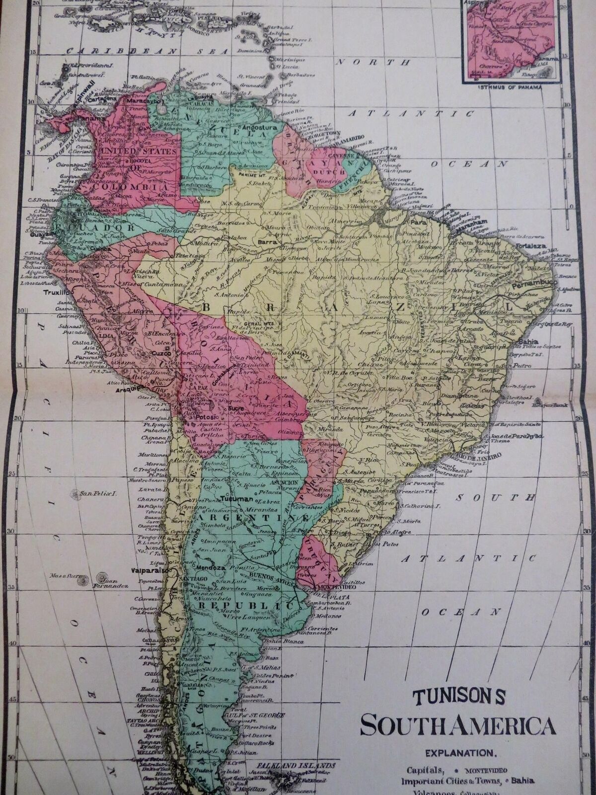 South America Brazil Peru Chile Argentina Venezuela c. 1892 Tunison map ...