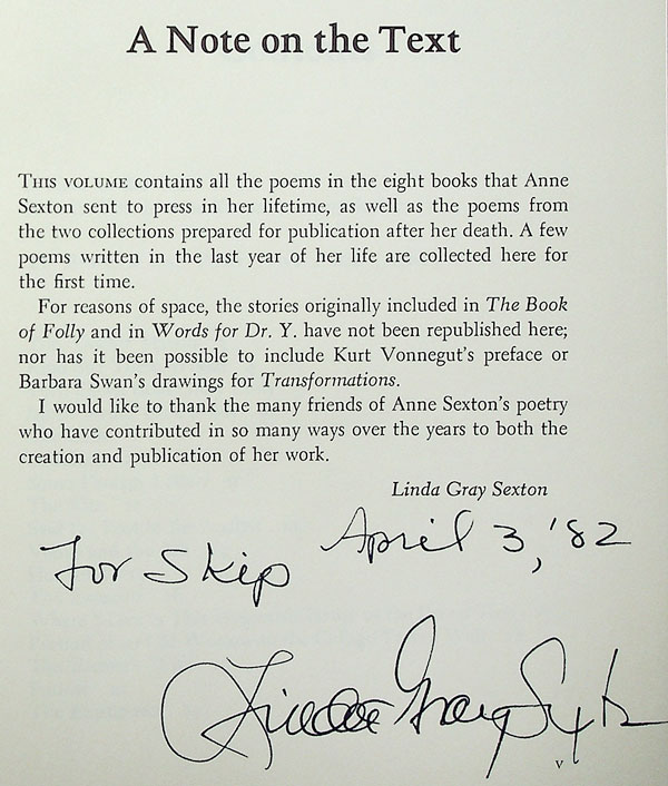 The Complete Poems [Inscribed by Linda Gray Sexton] by SEXTON, Anne ...