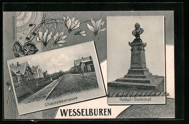 Ansichtskarte Wesselburen, Hebbel-Denkmal, Chausseestrasse: Manuskript ...