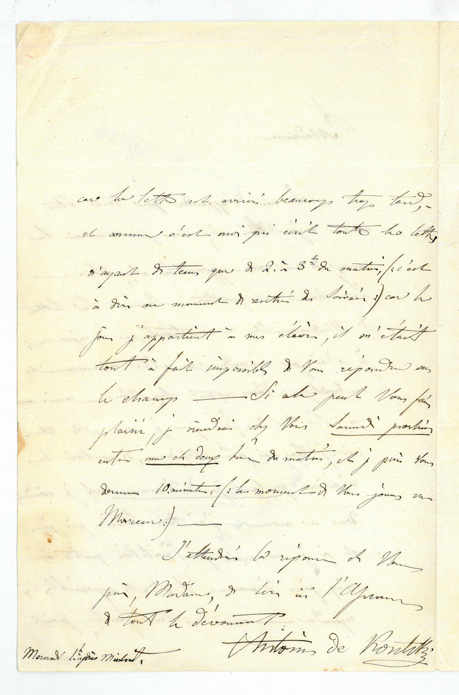 Autograph letter signed. von Kontski, Antoine de, Polish pianist and ...