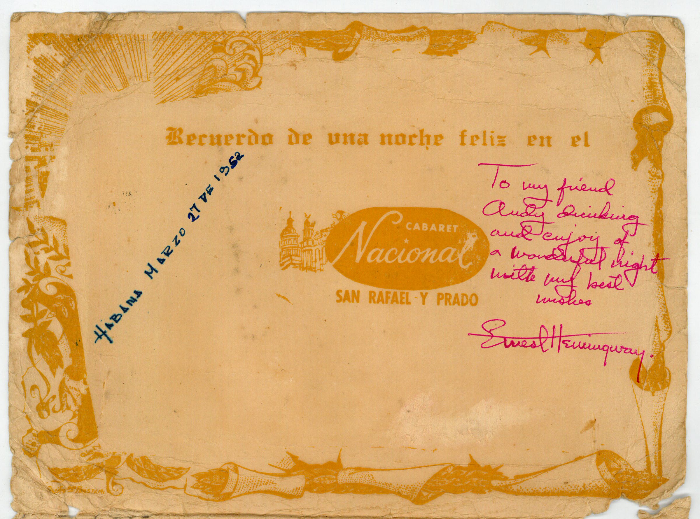 Inscription signed. by Hemingway, Ernest, American writer and Nobel ...
