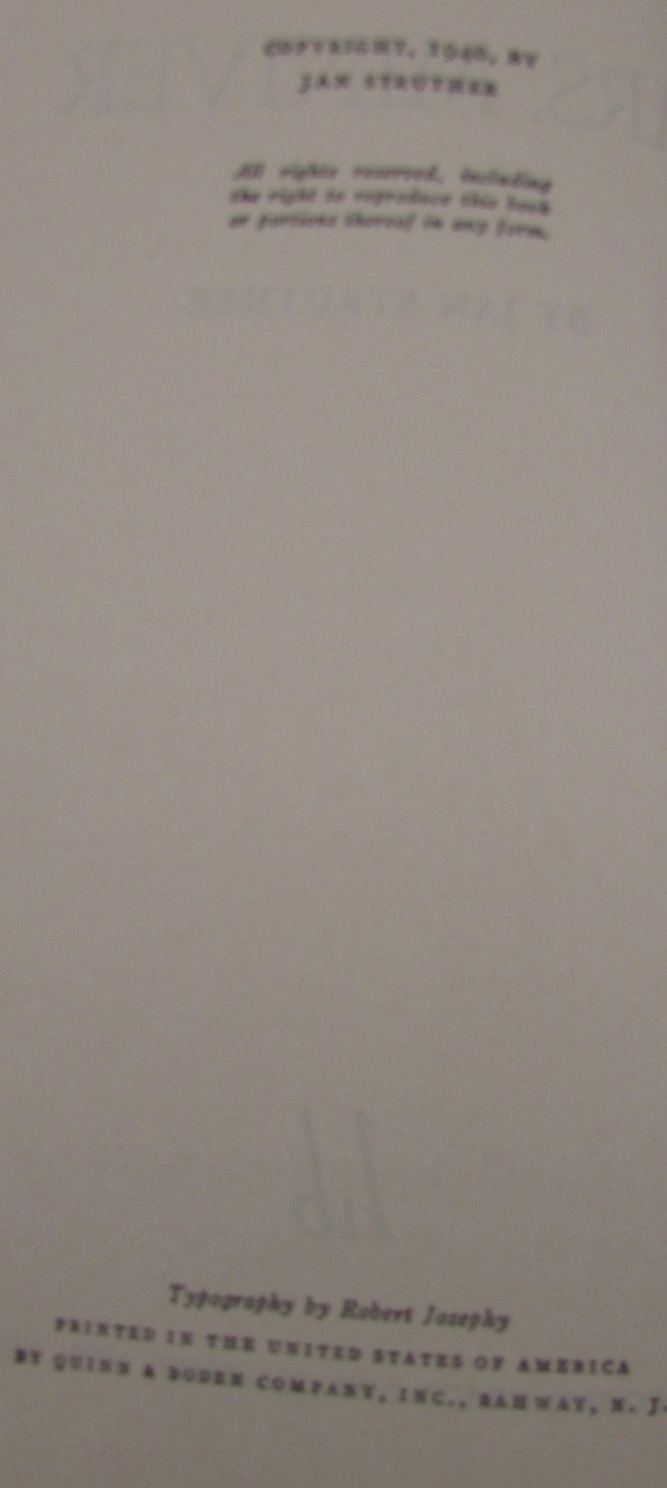 Mrs Miniver by Struther Jan: Fine Hardcover (1940) 1st Edition, Signed ...