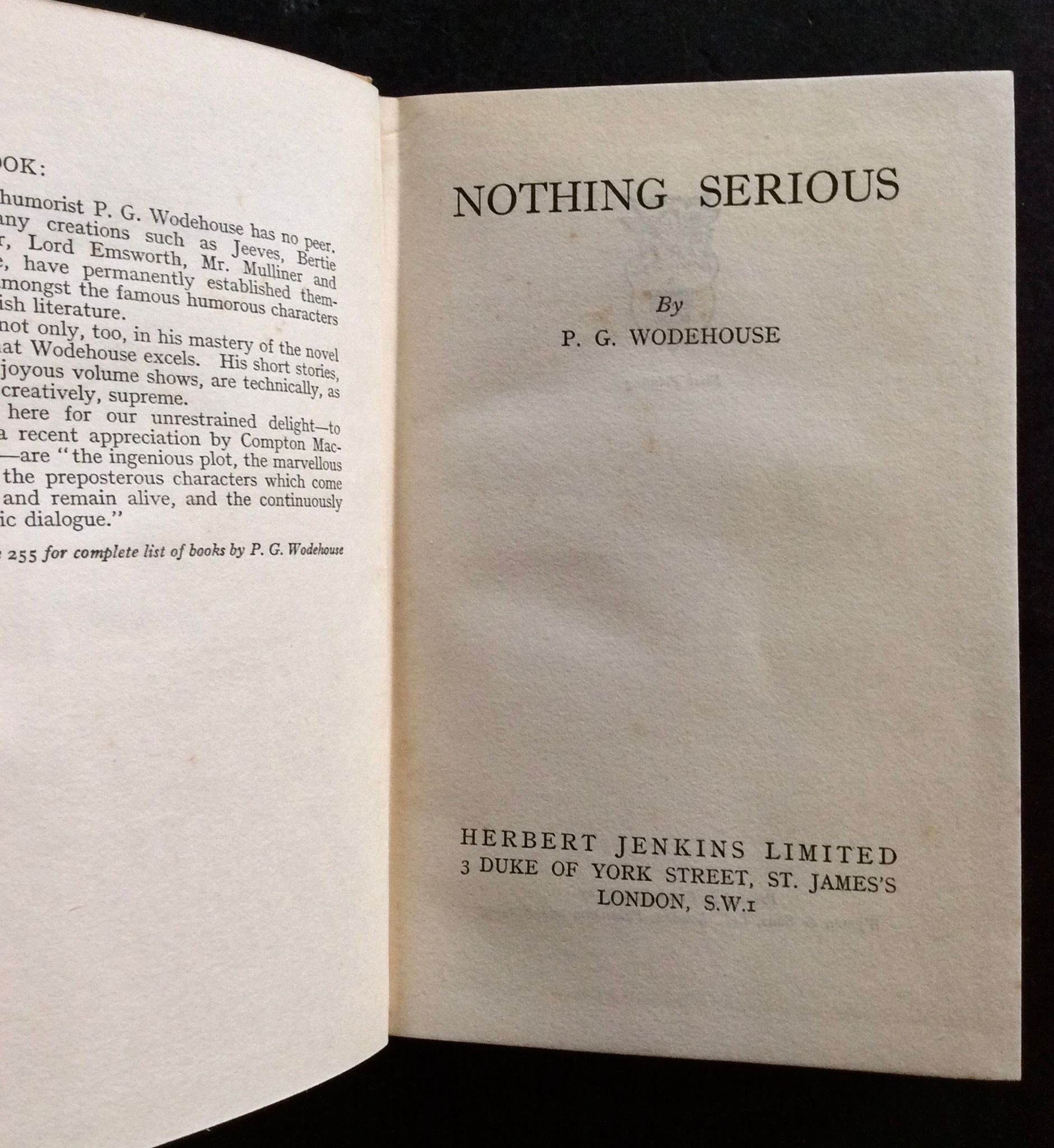 NOTHING SERIOUS by P. G. WODEHOUSE: Very Good Hardcover (1950) 1st ...