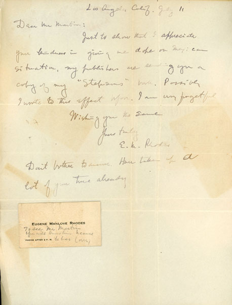 HAND-WRITTEN LETTER BY AUTHOR EUGENE MANLOVE RHODES by RHODES, EUGENE ...