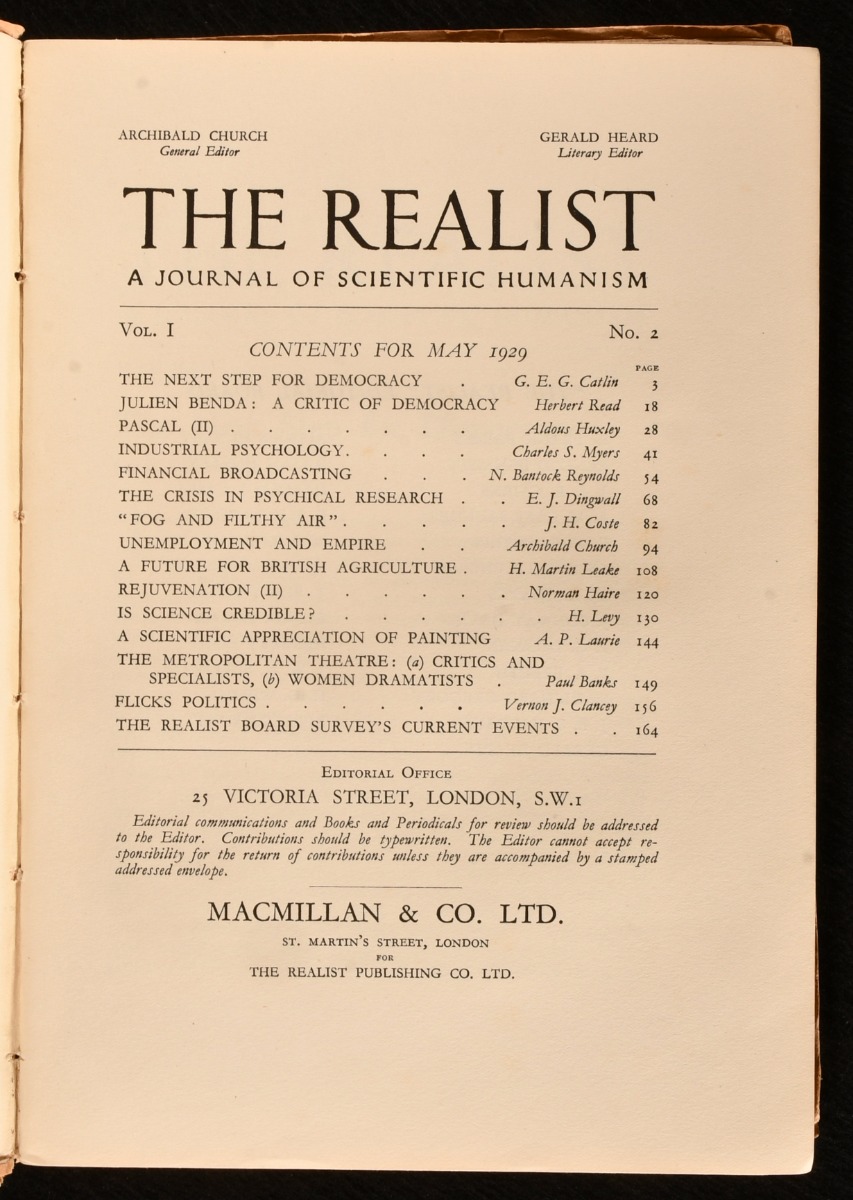 The Realist A Journal of Scientific Humanism Vol. 1 No.1-4 by Archibald ...