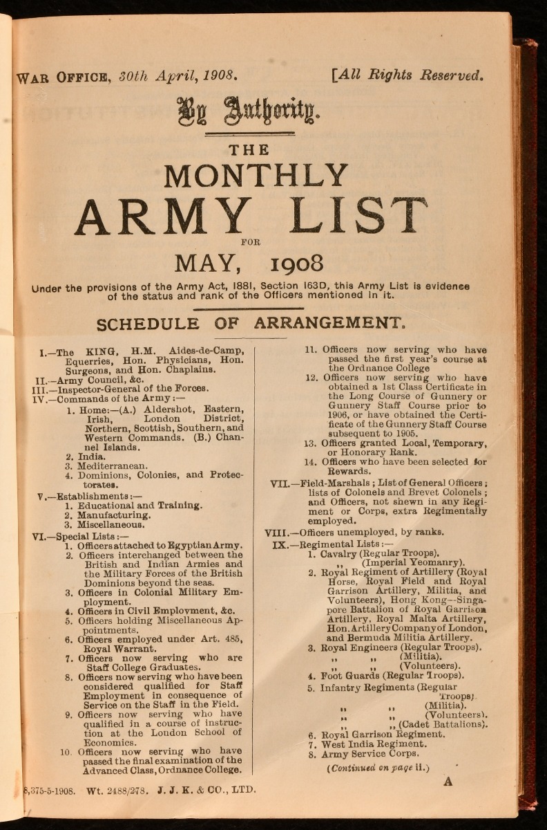 The Monthly Army List for May, 1908 by War Office: Very Good Cloth ...