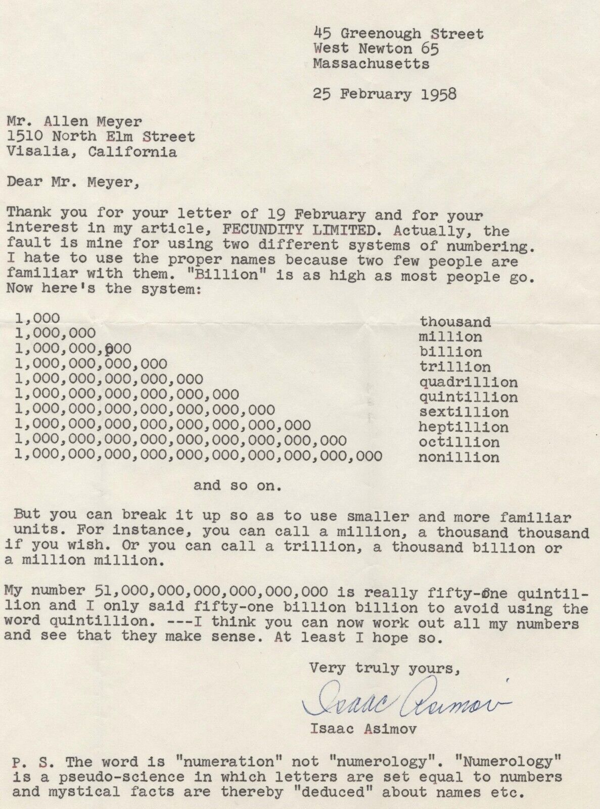 ISAAC ASIMOV SIGNED LETTER DEFINING THE NUMBERING SYSTEM, 1958 by ISAAC ...
