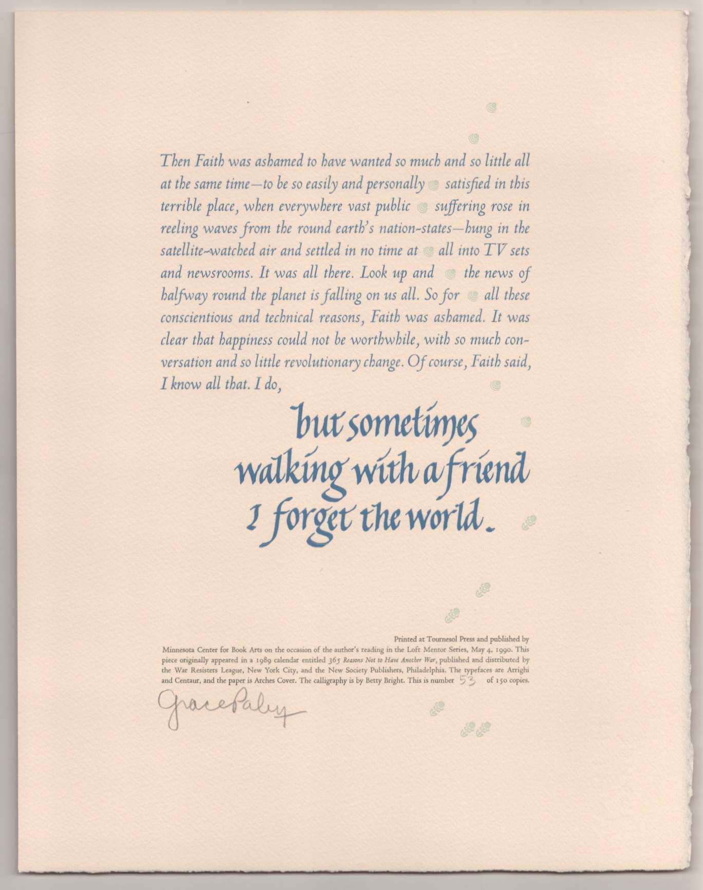 Then Faith Was Ashamed. (Signed Broadside) by PALEY, Grace: (1990 ...