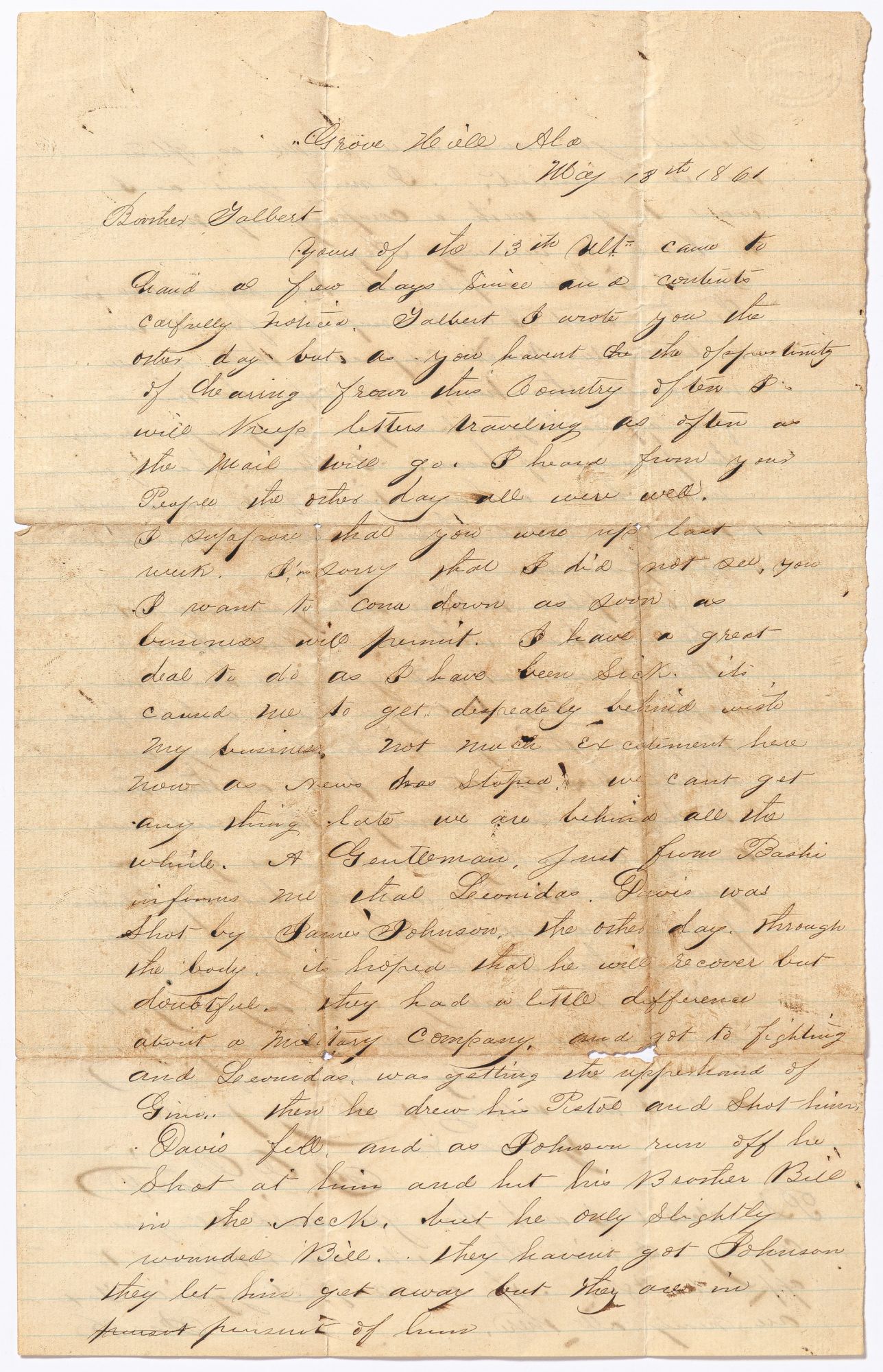 A Civil War Letter to a Confederate Soldier from Alabama, May 18, 1861 ...