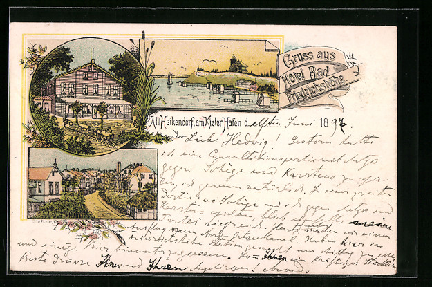 Lithographie Alt Heikendorf, Hotel Bad Friedrichshöhe, am Kieler Hafen ...