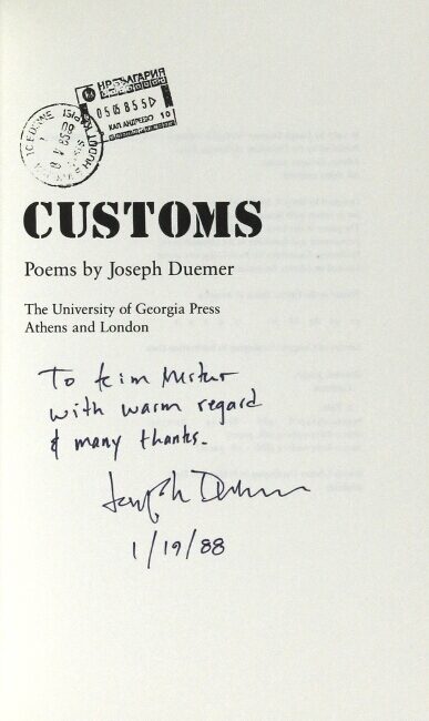 Customs. Poems by. by Duemer, Joseph: (1987) | Rulon-Miller Books (ABAA ...