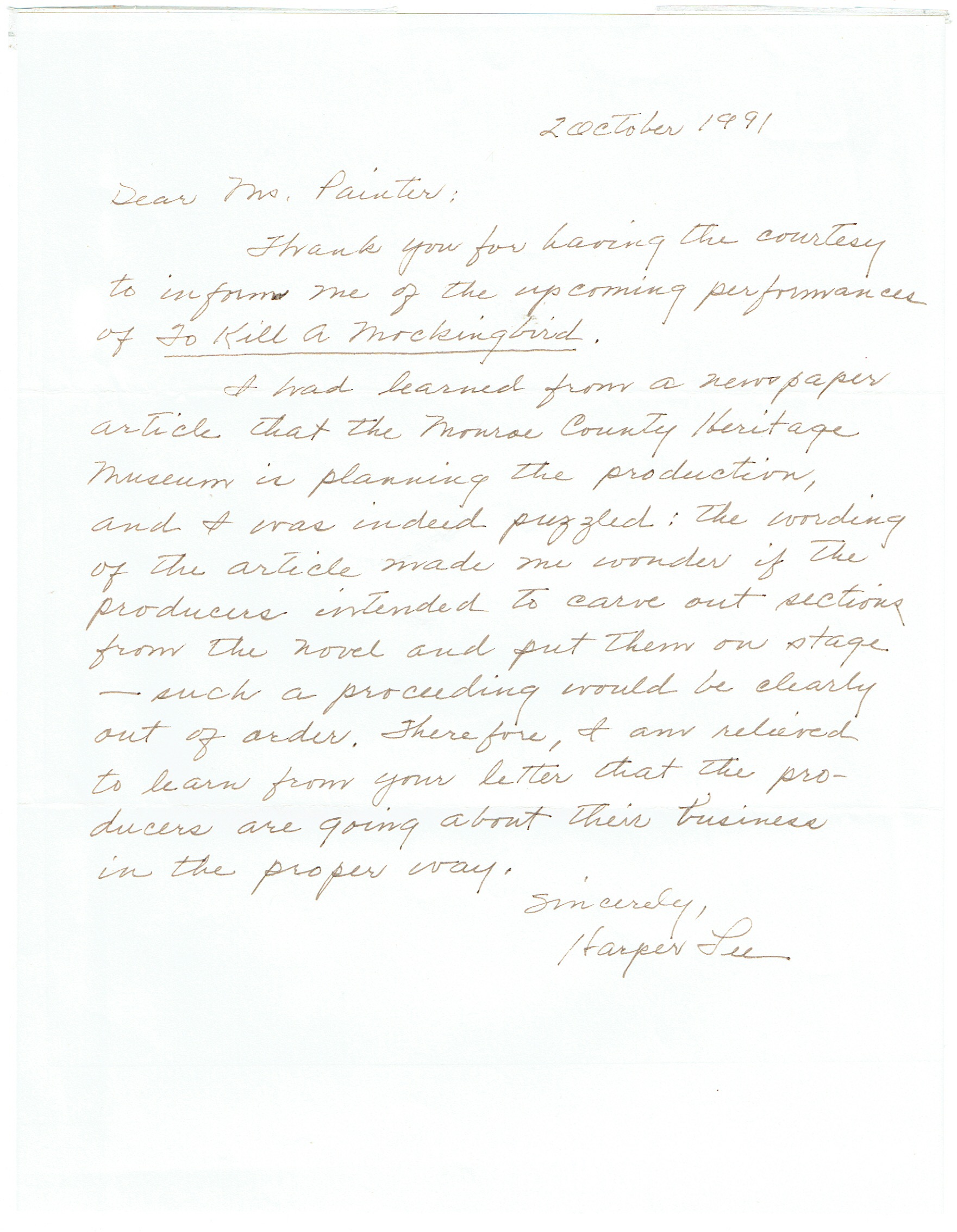 1 Autograph letter signed and 1 Typed letter signed. von Lee, Harper ...