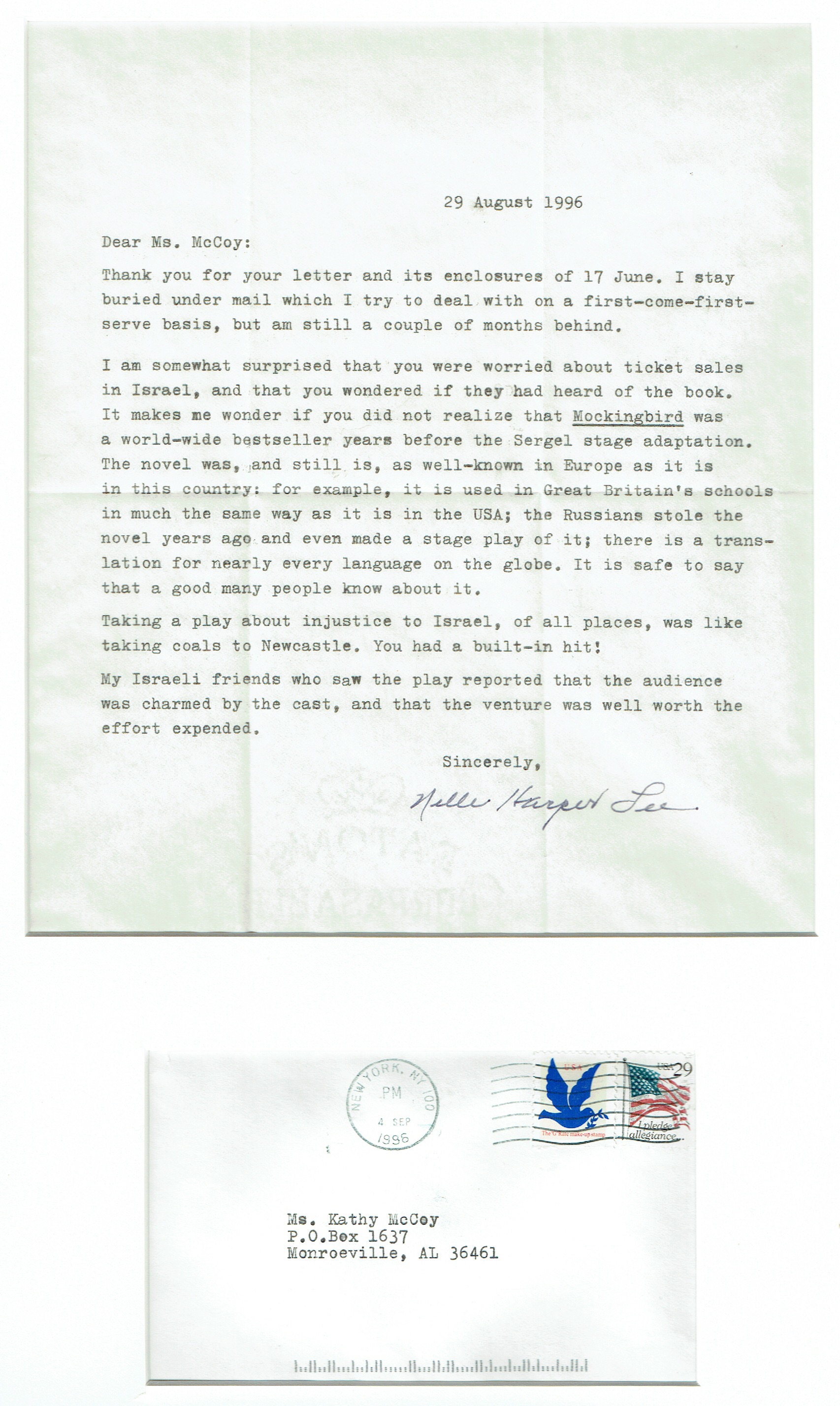 1 Autograph letter signed and 1 Typed letter signed. von Lee, Harper ...