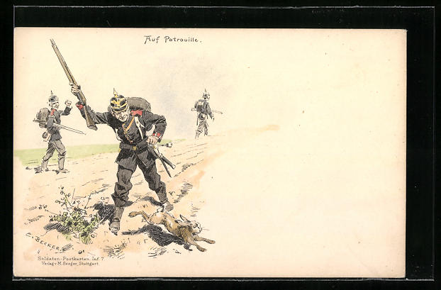 Künstler-Ansichtskarte Carl Becker: Soldaten auf Patrouille und Hase ...