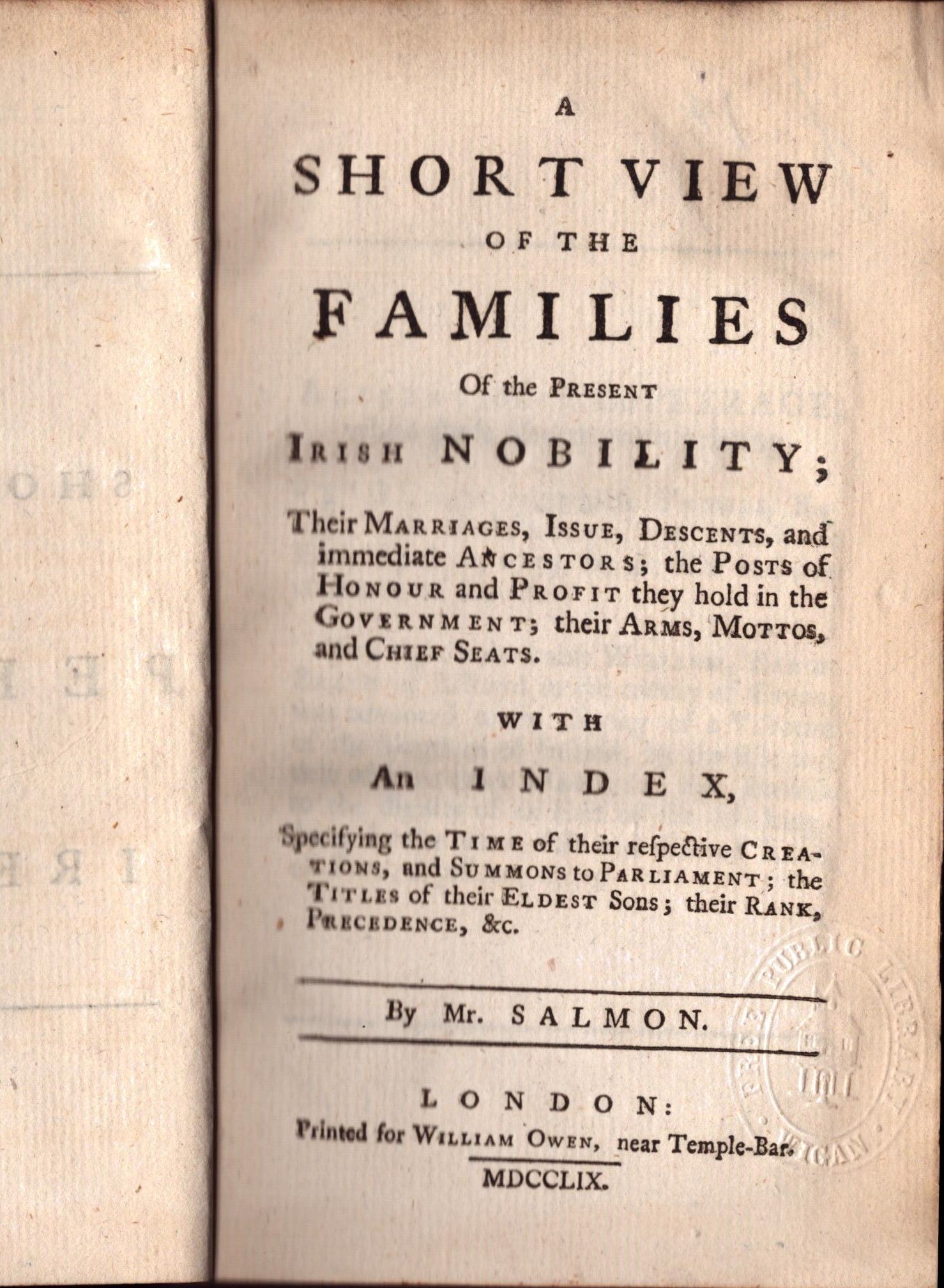 A Short View of the Families of the Present Irish Nobility by Salmon ...