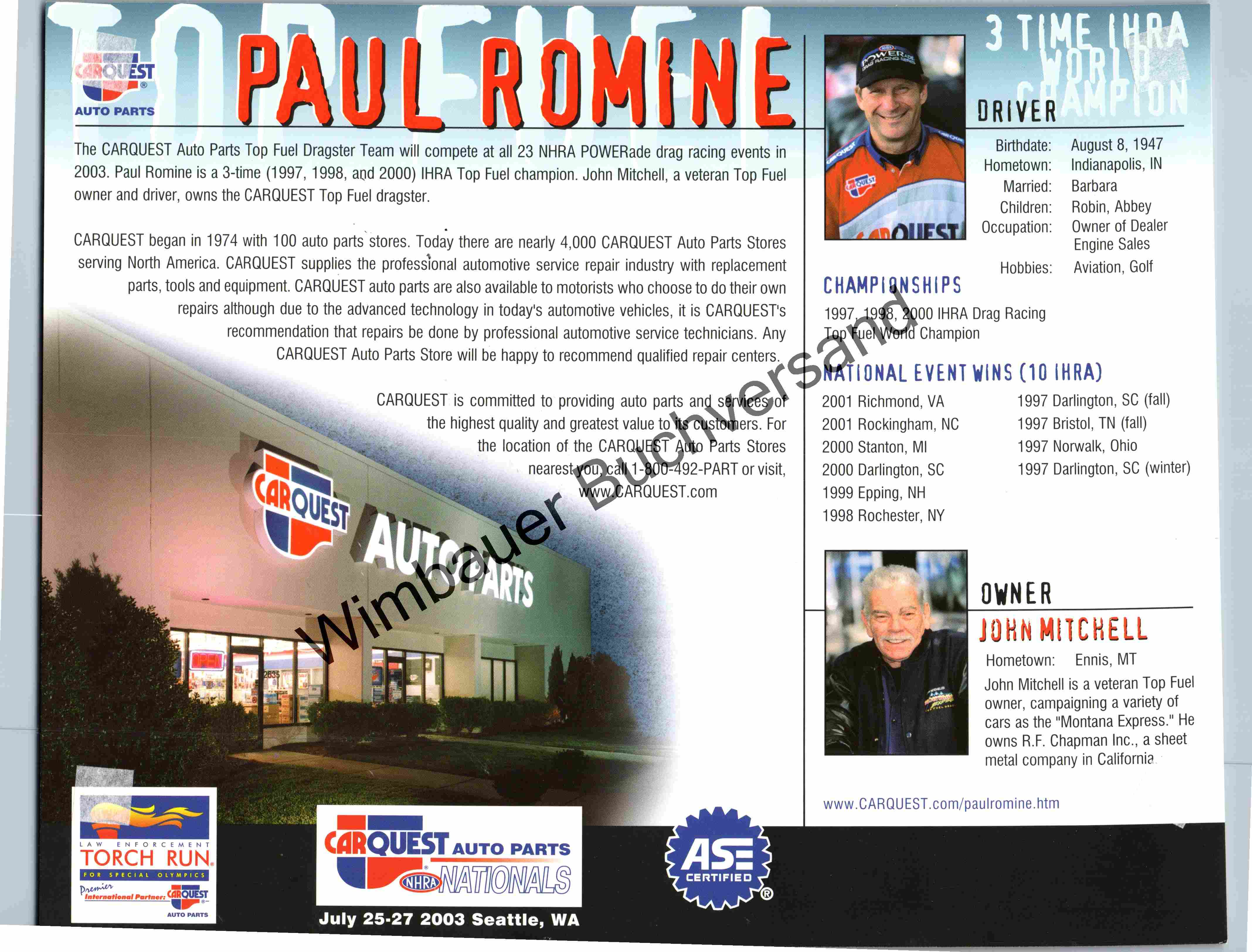 Original Autogramm Paul Romine Racing Driver Drag Racing /// Autograph ...