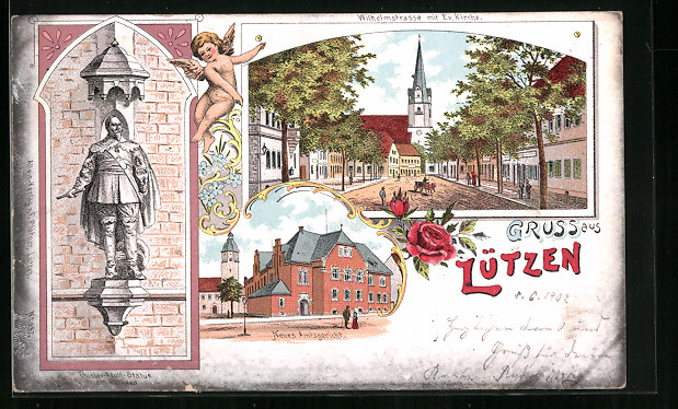 Lithographie Lützen, Wilhelmstrasse mit Ev. Kirche, Neues Amtgericht ...