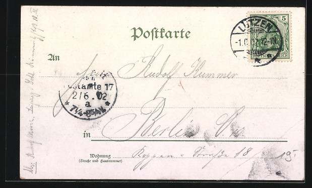 Lithographie Lützen, Wilhelmstrasse mit Ev. Kirche, Neues Amtgericht ...