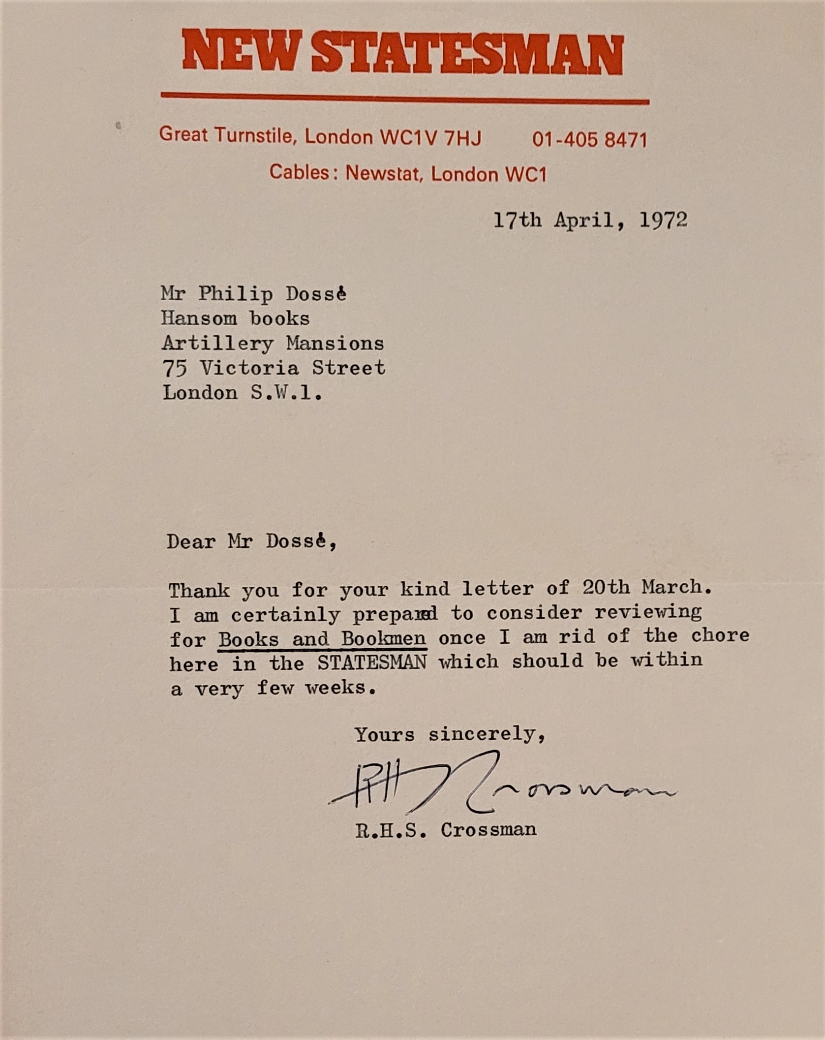 Typed letter signed: clearly he's had enough of the editorship at the ...