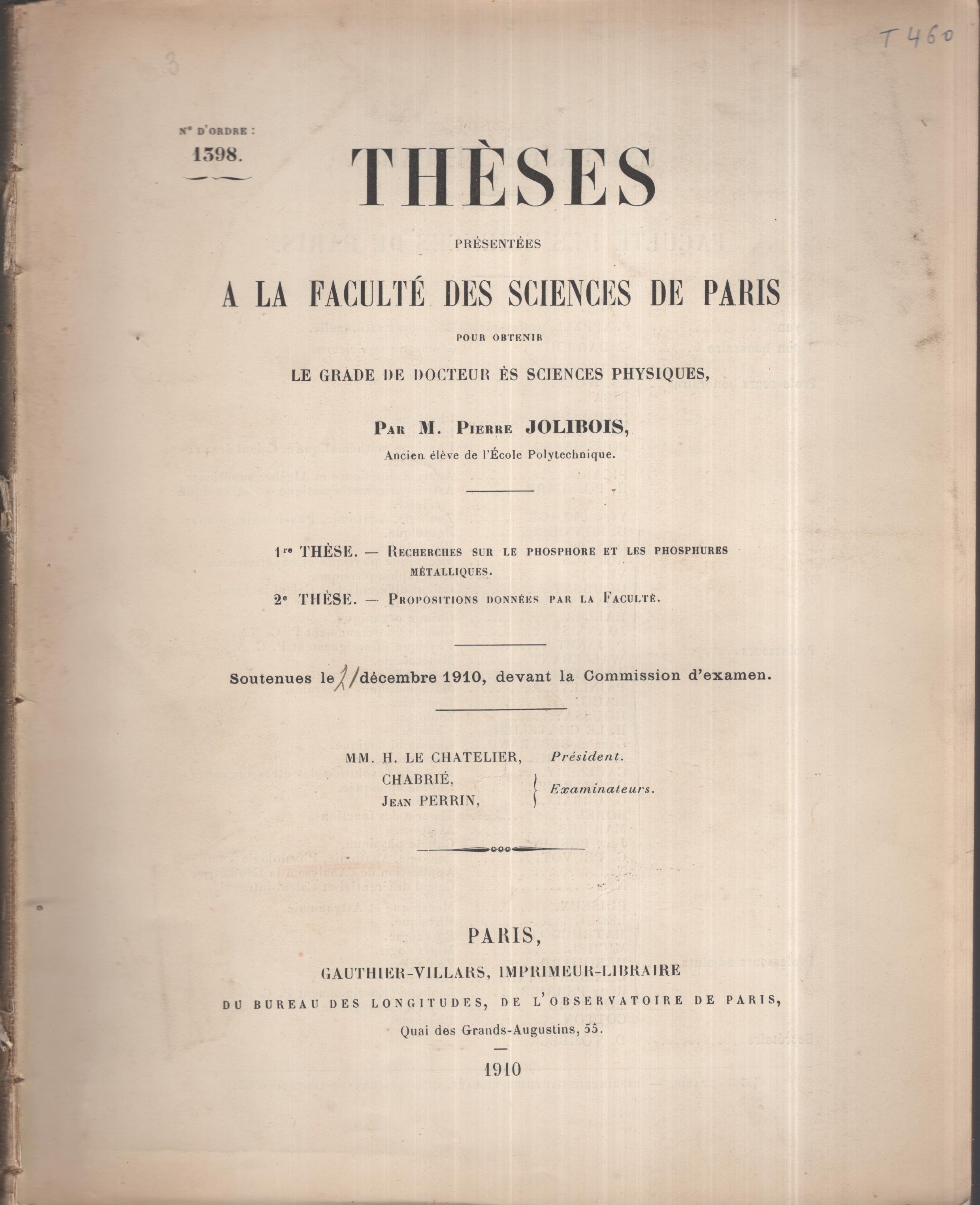 Thèses présentées à la Faculté des Sciences de Paris pour obtenir le ...