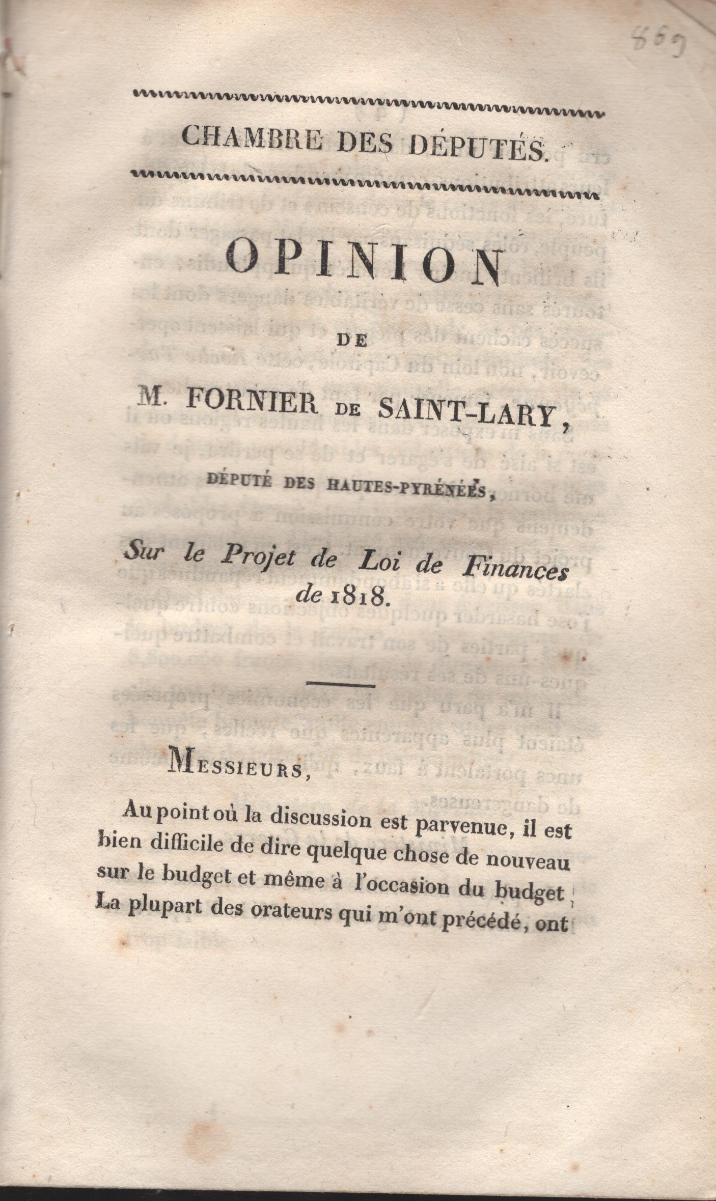 Opinion de M. Fornier de Saint-Lary, sur le projet de loi des finances ...