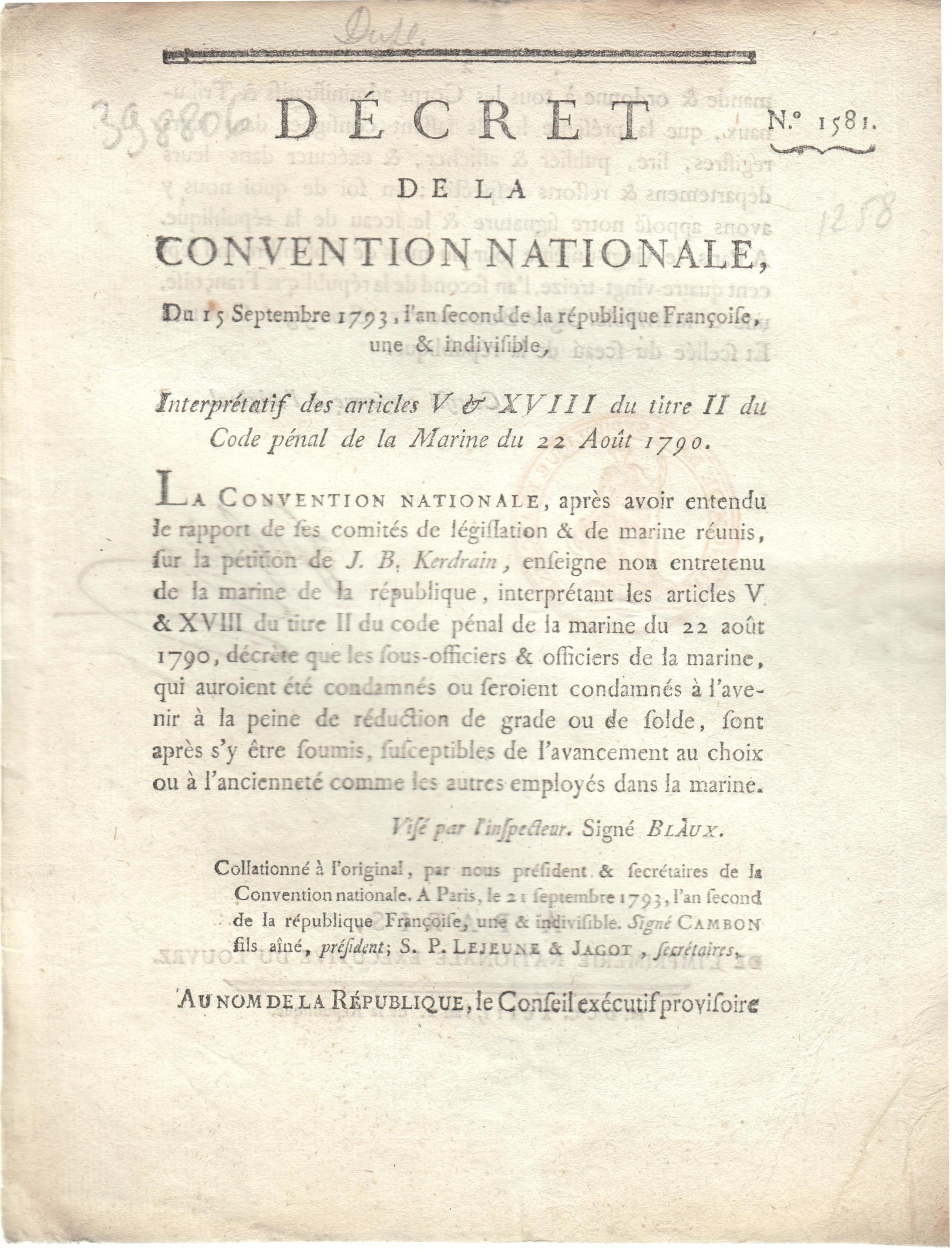 Décret de la Convention nationale du 15 septembre 1793, l'an second de ...