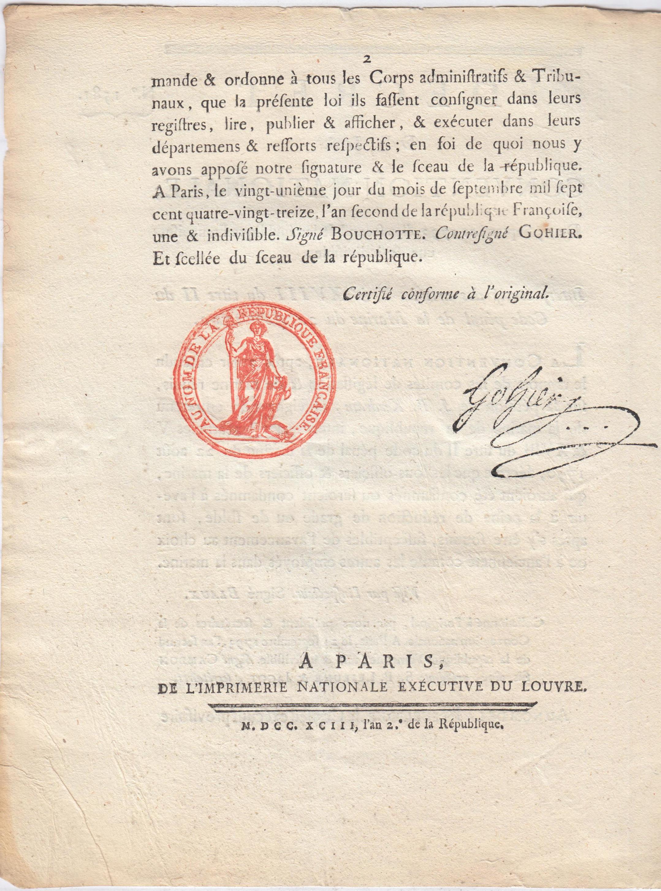Décret de la Convention nationale du 15 septembre 1793, l'an second de ...