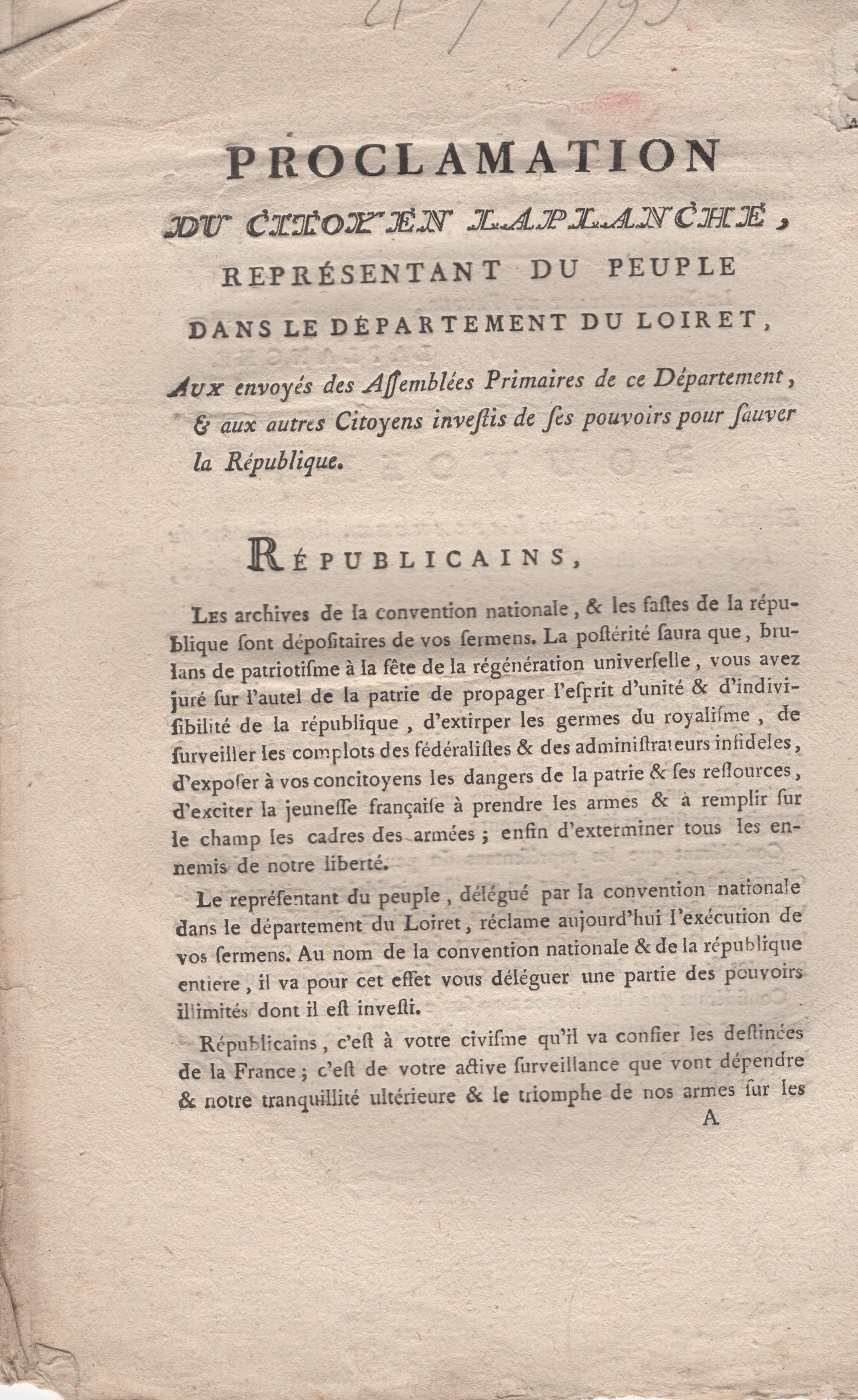 Proclamation du Citoyen Laplanche, Représentant du Peuple dans le ...