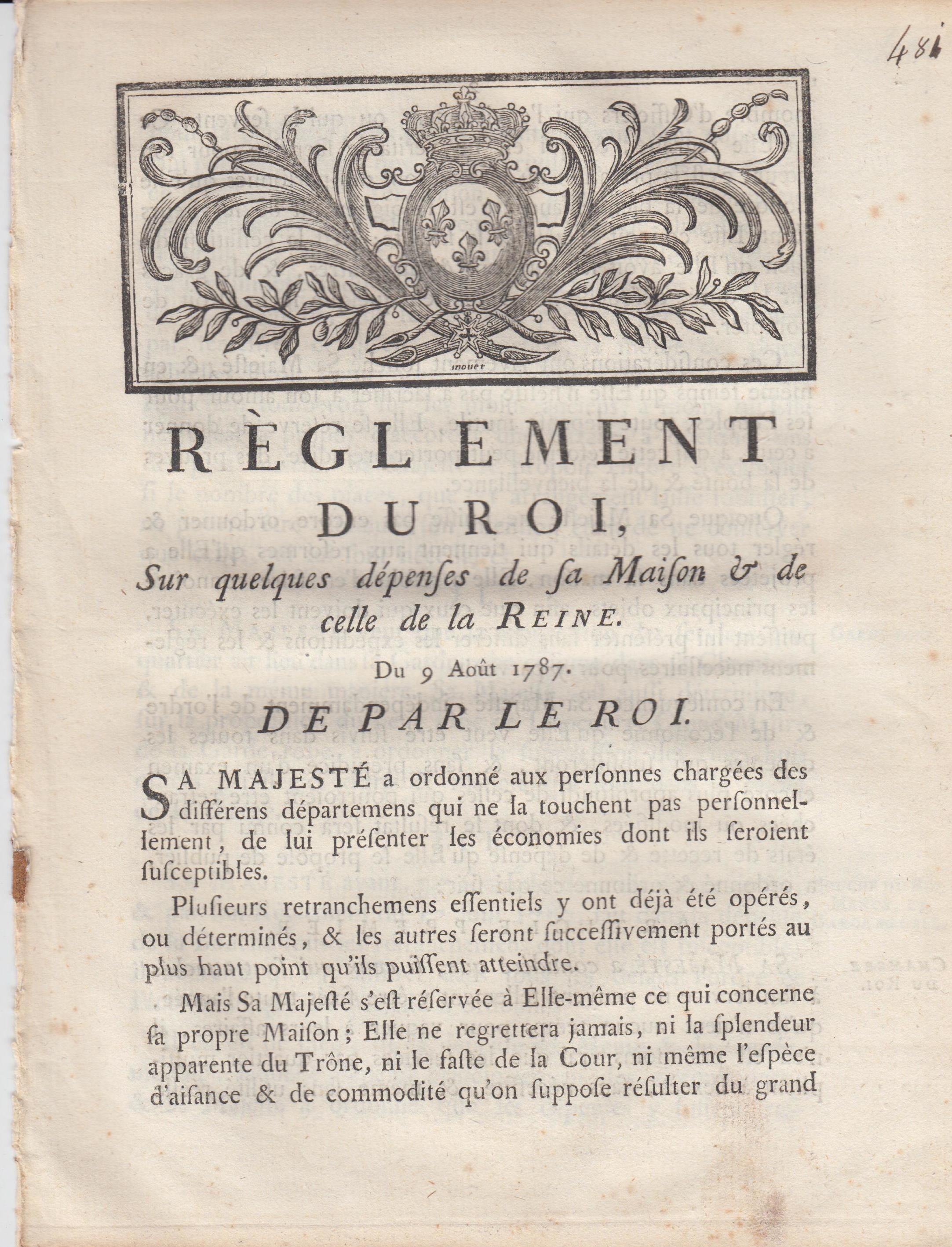 Règlement du Roi, sur quelques dépenses de sa Maison & de celle de la ...