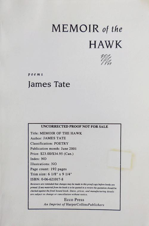 Memoir of the Hawk (Uncorrected Proof) by Tate, James: Near Fine ...