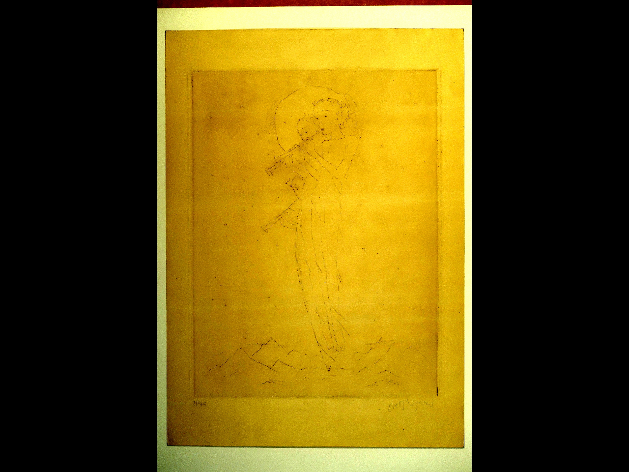 Drei über Bergkette schwebende Knaben mit Flöten musizierend. von ...