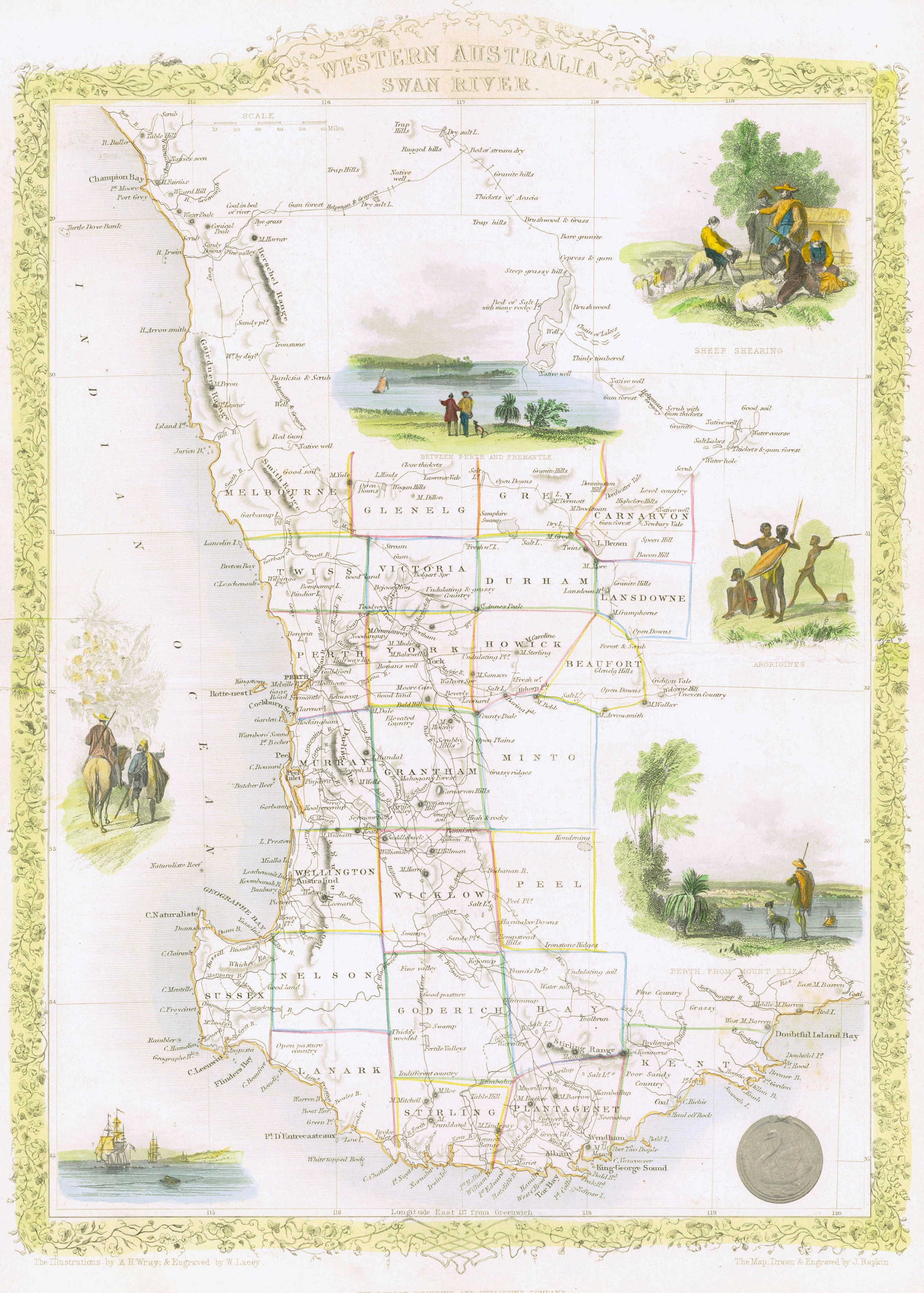 1850 Original Antique Map WESTERN AUSTRALIA SWAN RIVER by Tallis (TM4 ...