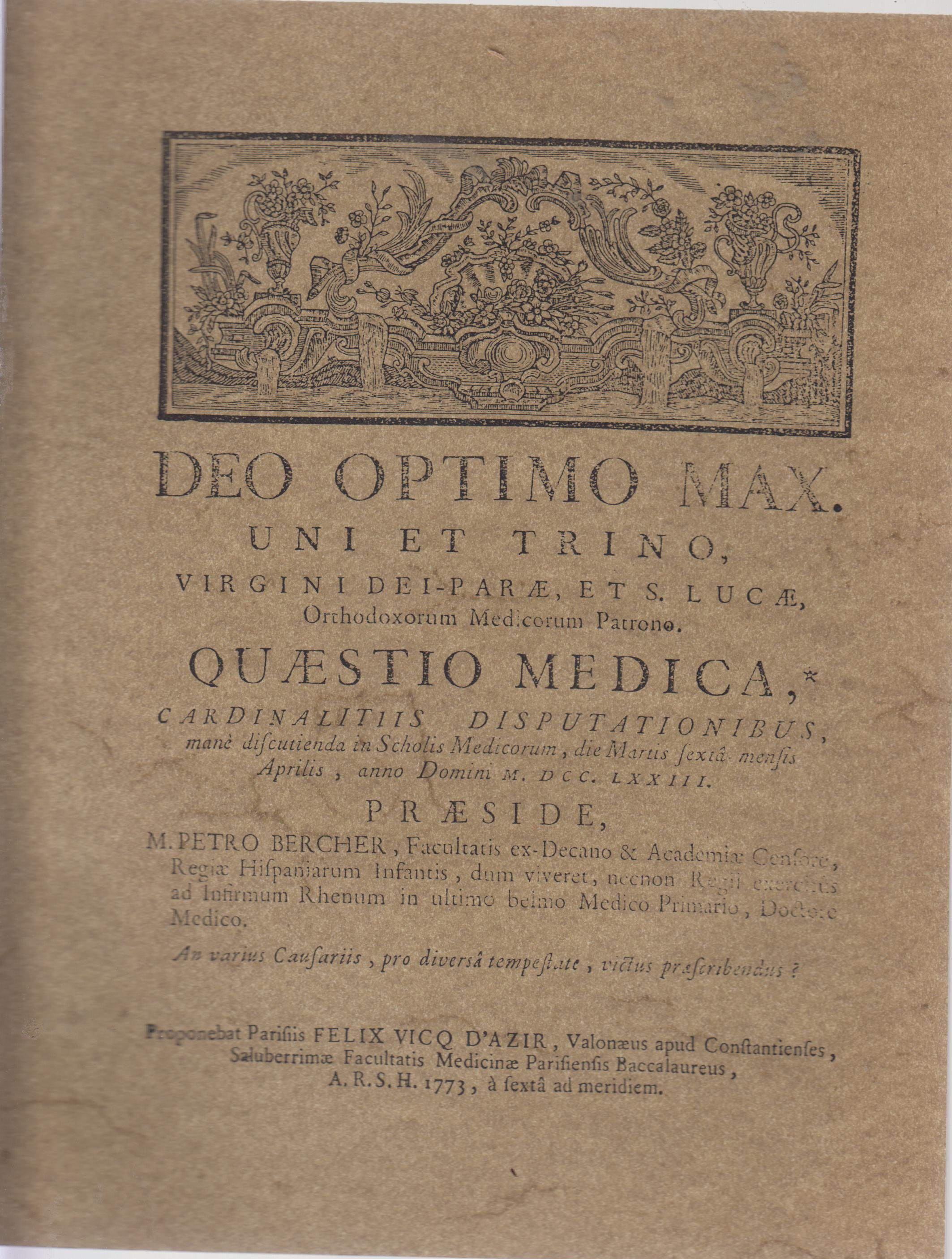 Deo optimo uni et trino, vigini dei-parae, et S. Lucae . Quaestio medica . An varius causariis ...