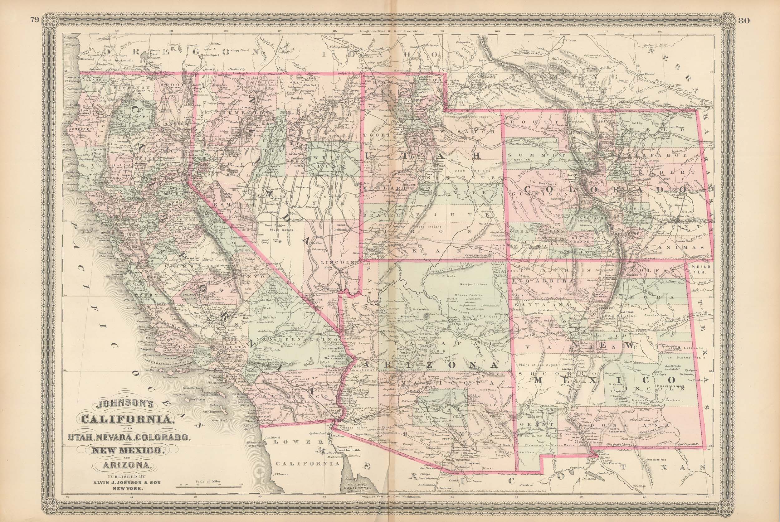 Johnson's 1880 Map of California, Utah, Nevada, Colorado, New Mexico ...