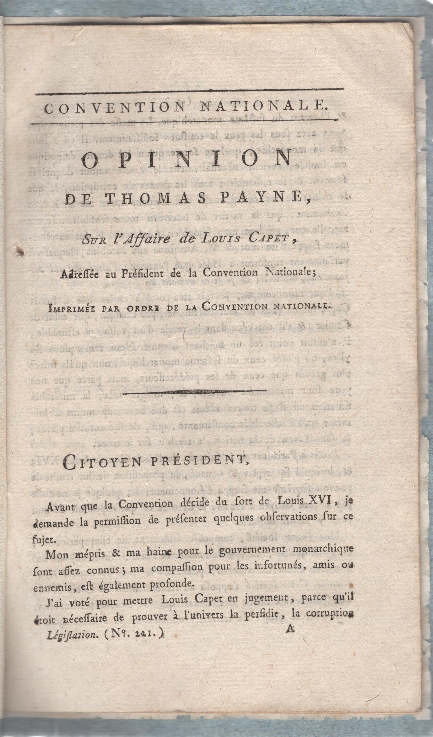 Opinion de Thomas Payne, sur l'affaire de Louis Capet, adressée au ... Opinion de Thomas Payne, sur l'affaire de Louis Capet, adressée au ...