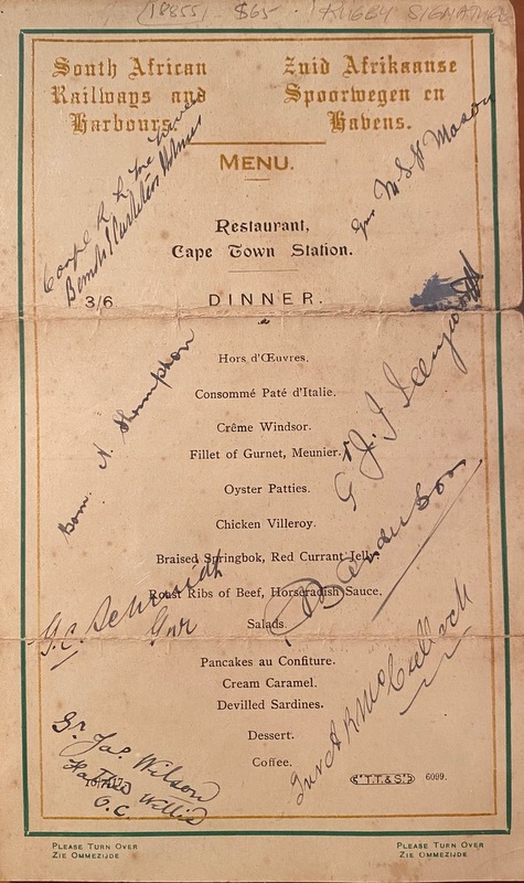 Signatures of rugby players by Menu, South African Railways and ...