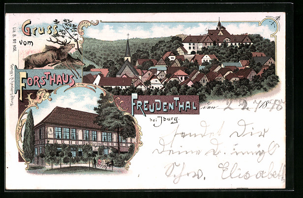 Lithographie Freudenthal bei Iburg, Totalansicht, Gasthaus: (1898 ...