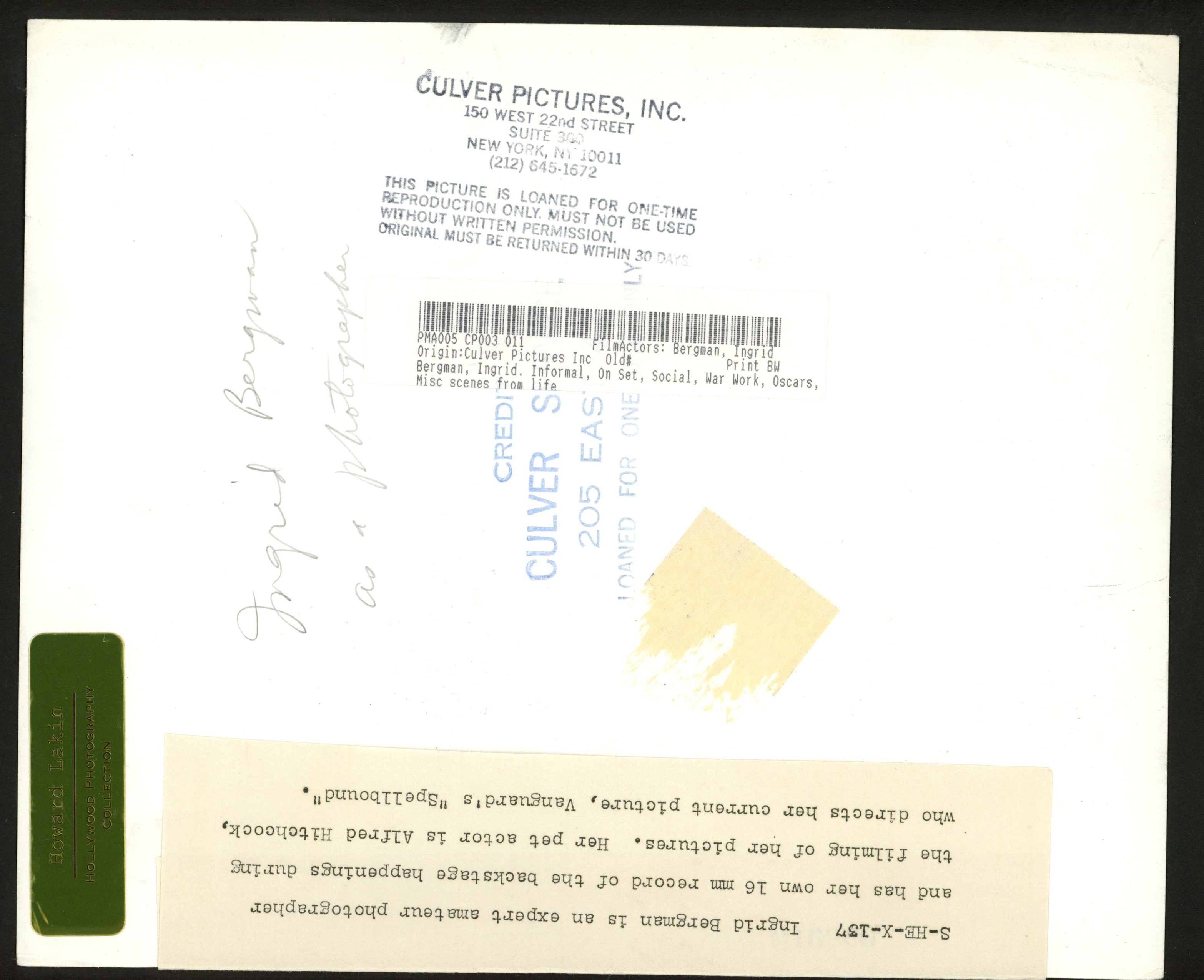 SPELLBOUND (Original Candid Behind-The-Scenes Photo of Ingrid Bergman ...