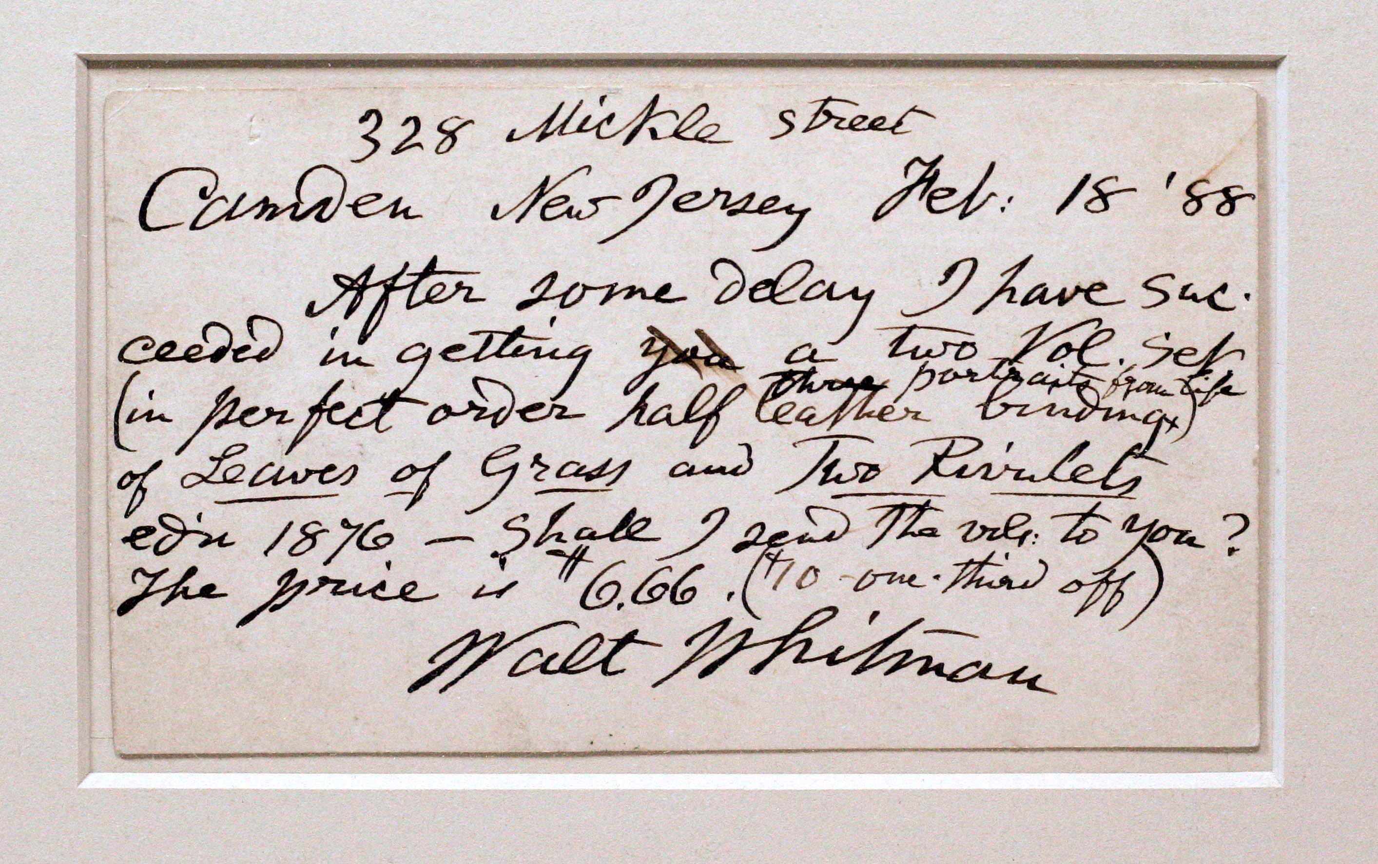 Autographed Letter Signed [ALS] Mentioning "Leaves of Grass" by Walt ...