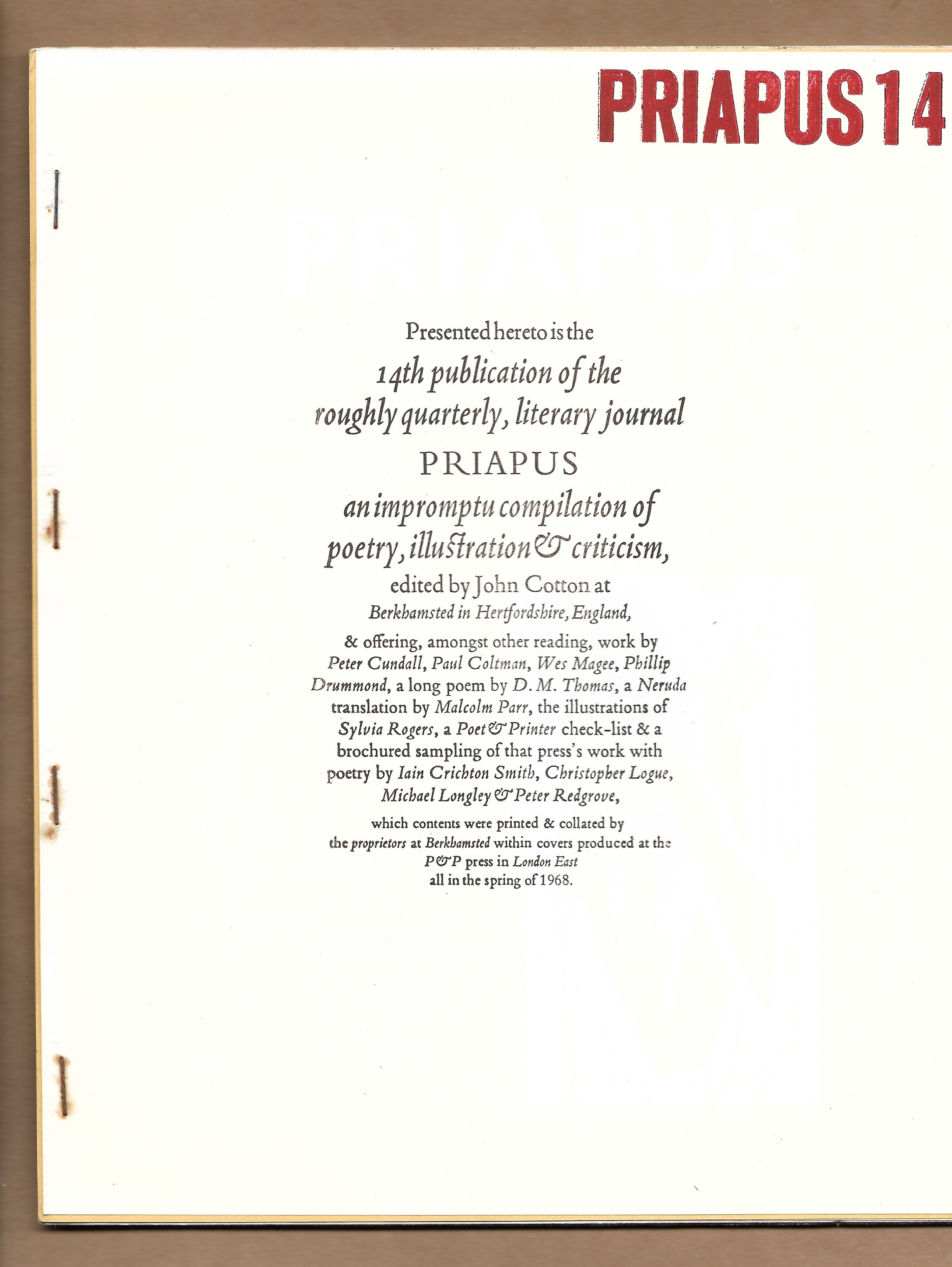 Priapus 14 (Summer 1968) [Together with hand-written Invoice from the ...