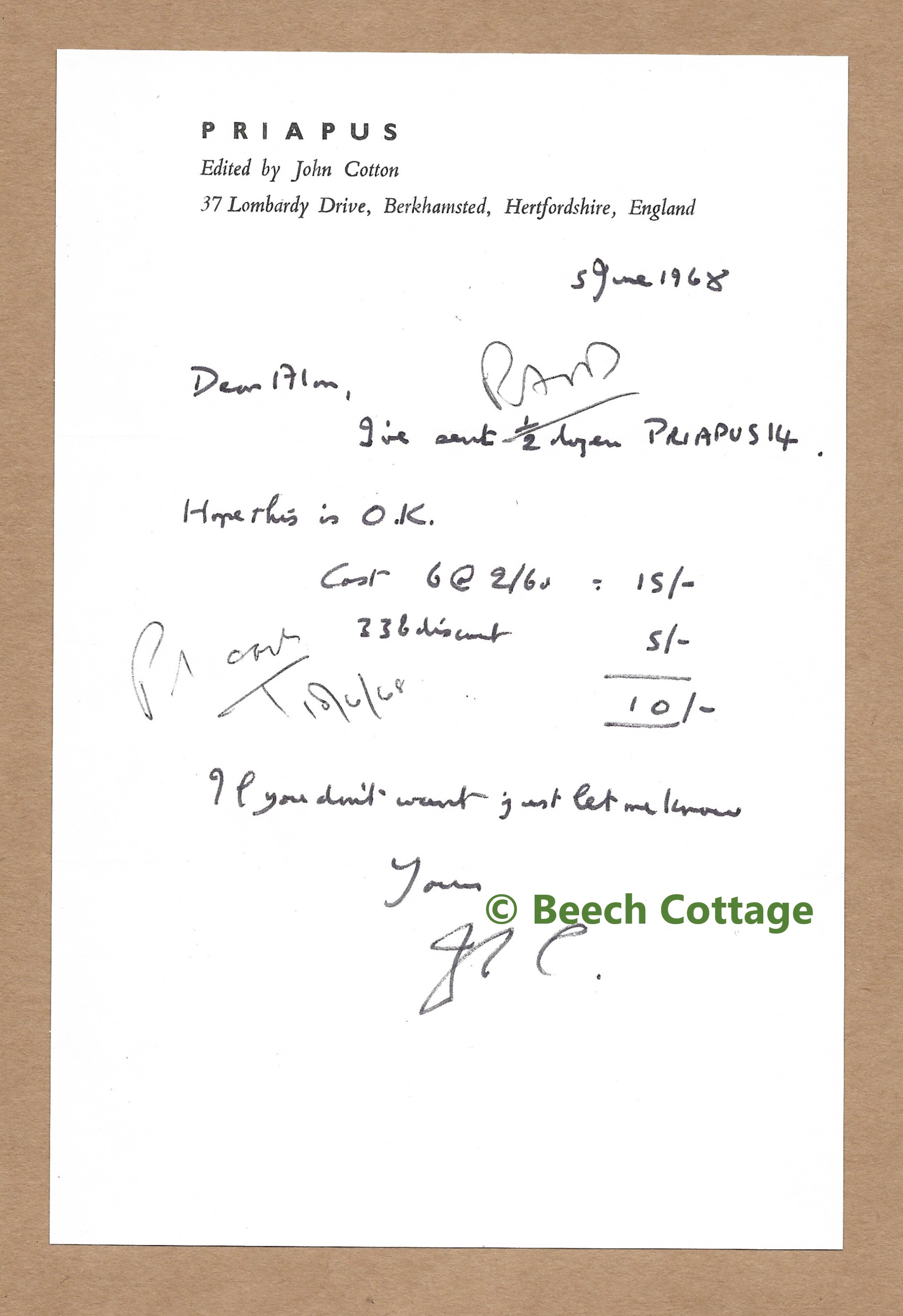 Priapus 14 (Summer 1968) [Together with hand-written Invoice from the ...