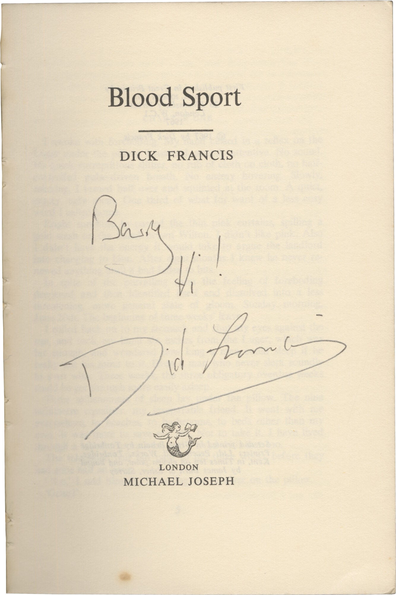 Blood Sport (Uncorrected Proof of the First UK Edition, inscribed by ...
