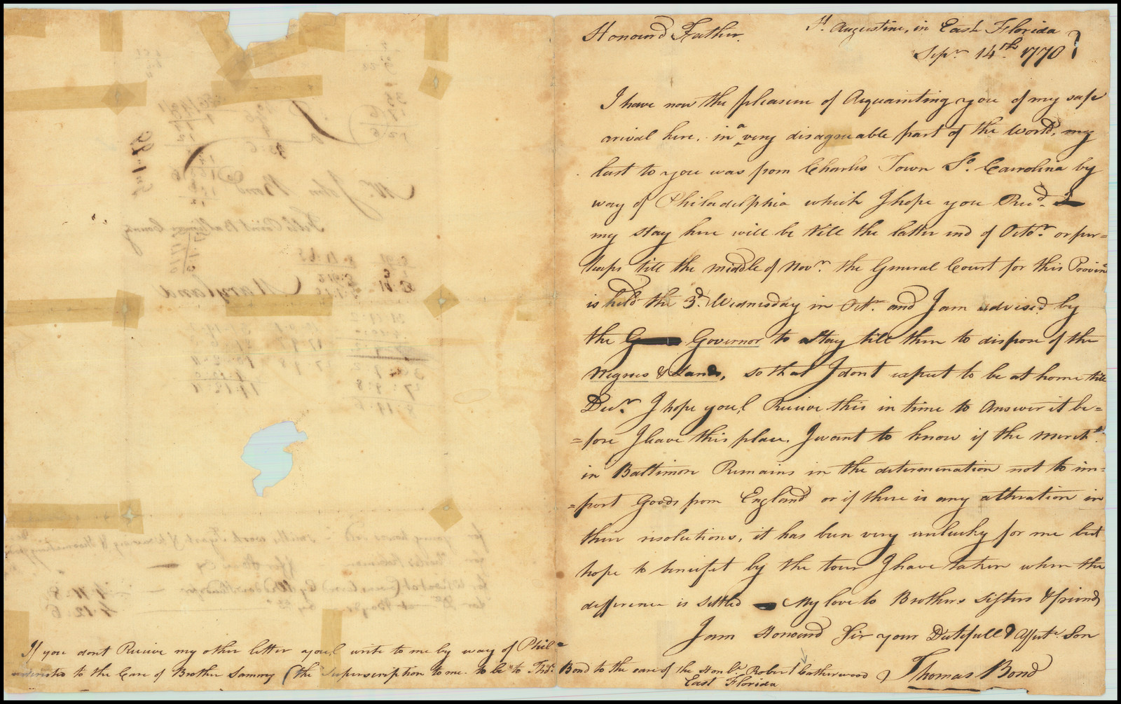 (Colonial East Florida) [Letter From Thomas Bond in St. Augustine, East ...